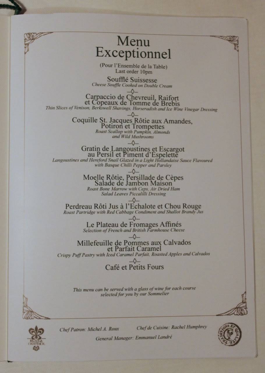 Menu at Le Gavroche restaurant, London