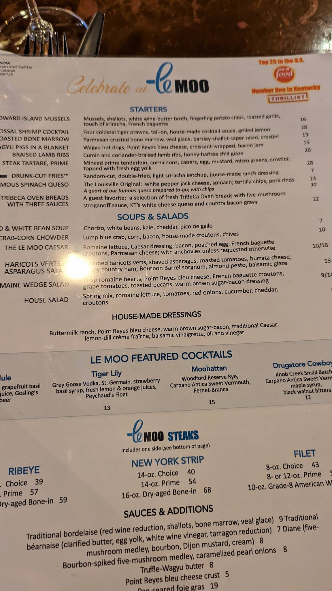 Menu at Le Moo steakhouse, Louisville