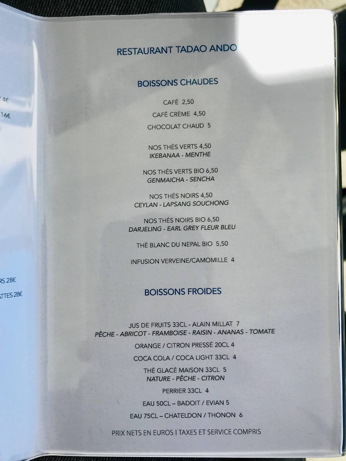 Menu au Restaurant de Tadao Ando, Le Puy-Sainte-Réparade