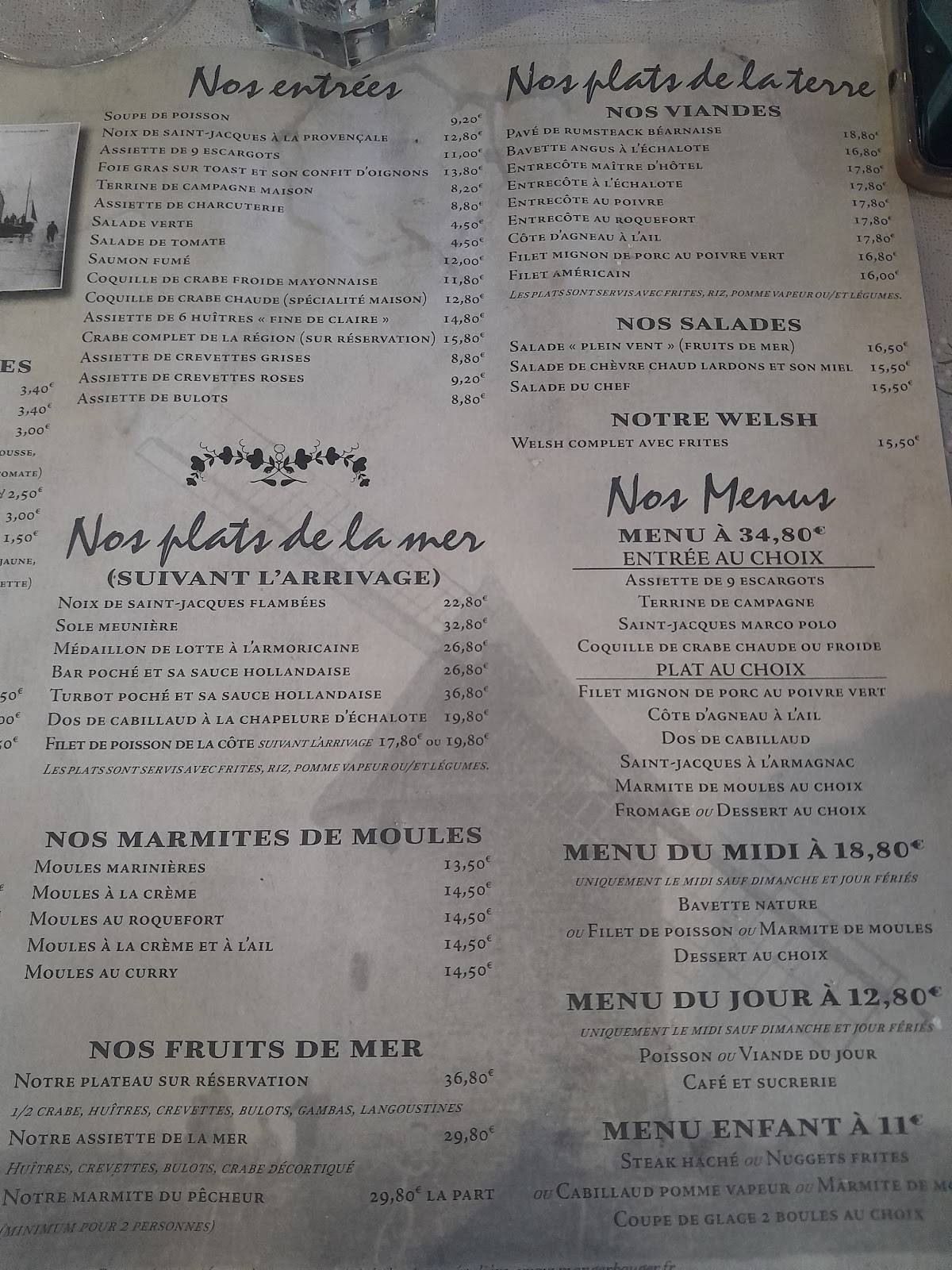 Menu au Le Vent du Nord restaurant, Audinghen