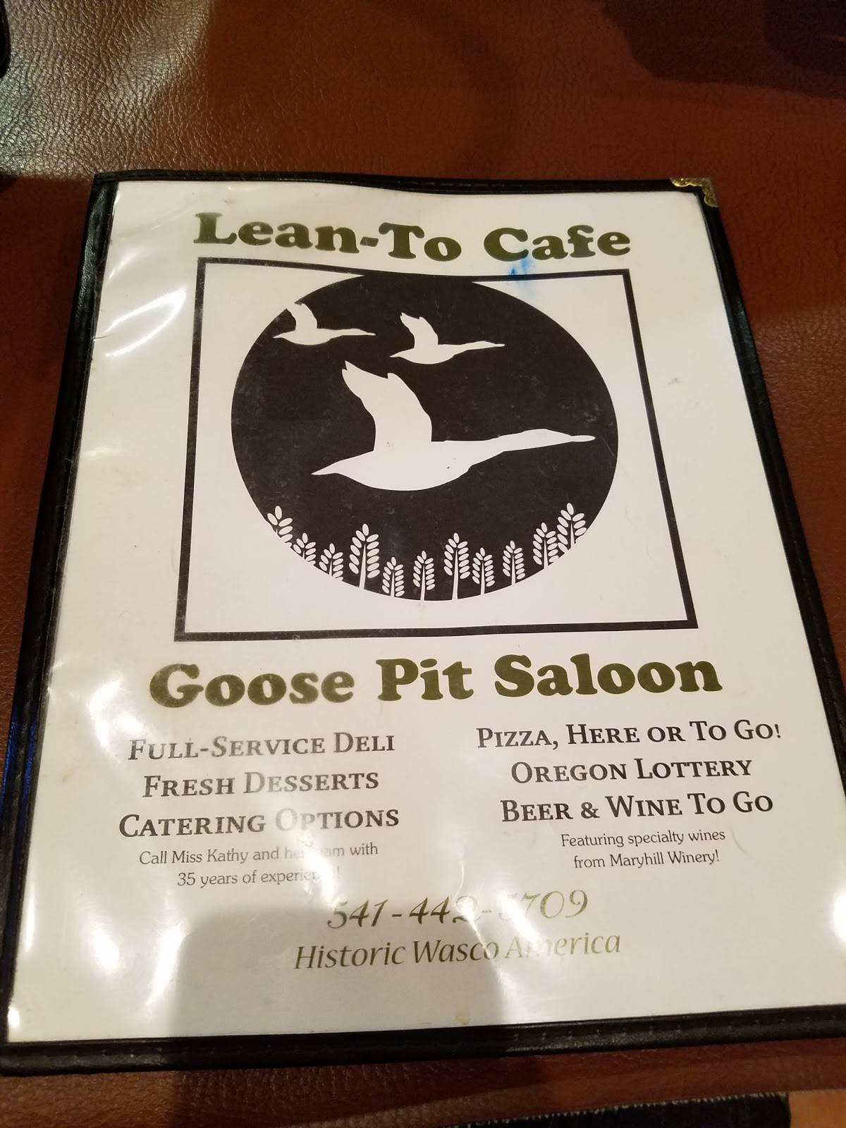 Carta de Lean-To Cafe & Goose Pit Saloon, Wasco