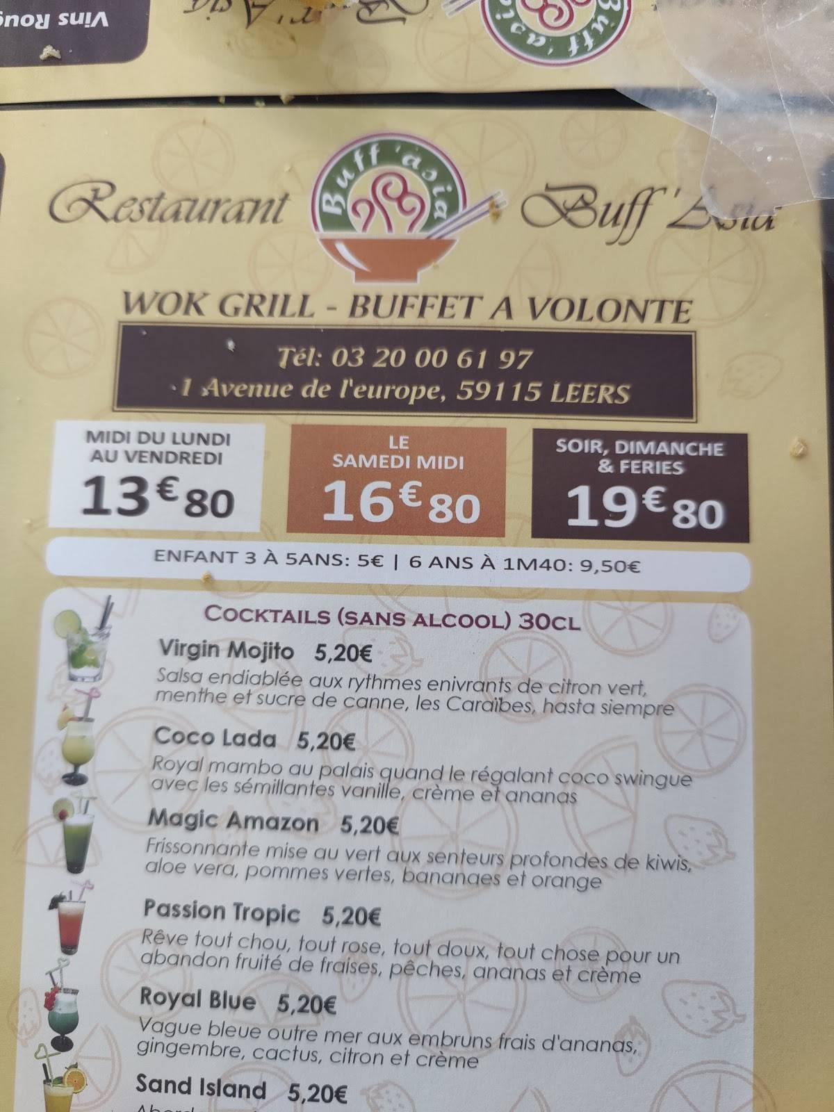Menu at Buff 'Asia restaurant, Leers