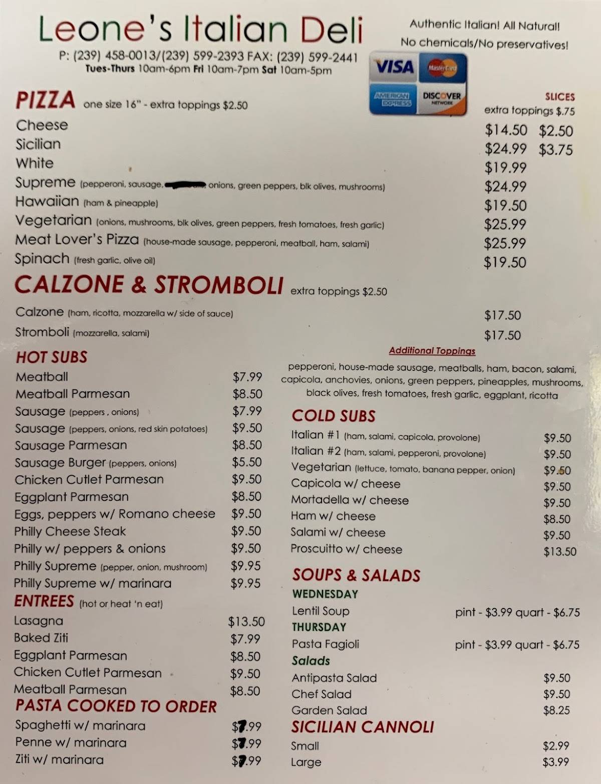 Menu at Leone's Italian Market & Pizzeria, Cape Coral