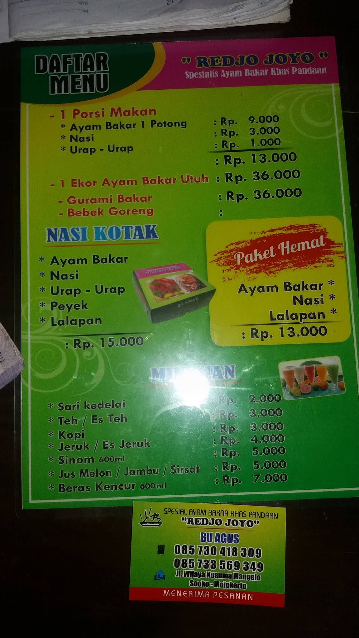 Menu at Lesehan Redjo Joyo Mojokerto restaurant, Mojokerto