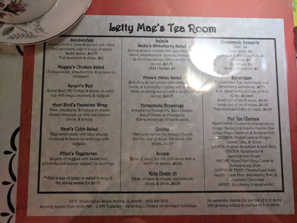 Menu at Letty Mae's Tea Room cafe, Morris