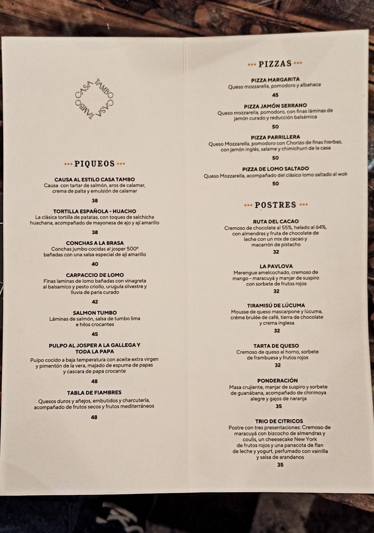 Menu at Casa Tambo Restaurant, Lima