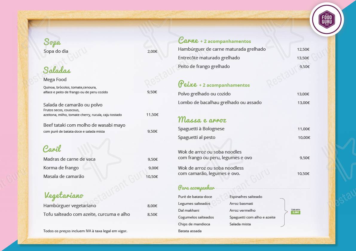 Menu at Food Guru restaurant, Lisbon
