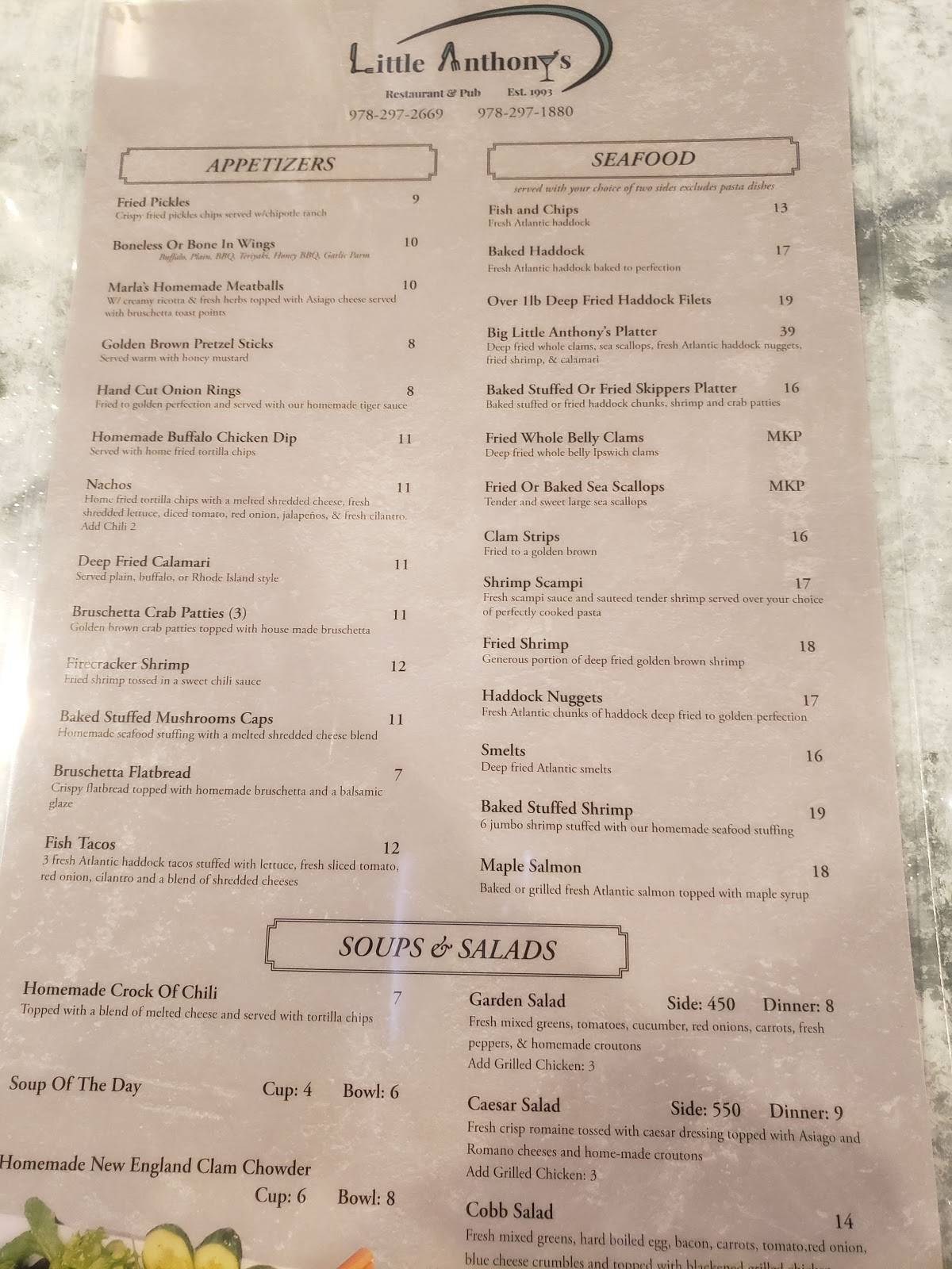 Menu at Little Anthony's Seafood Emprm pub & bar, Winchendon