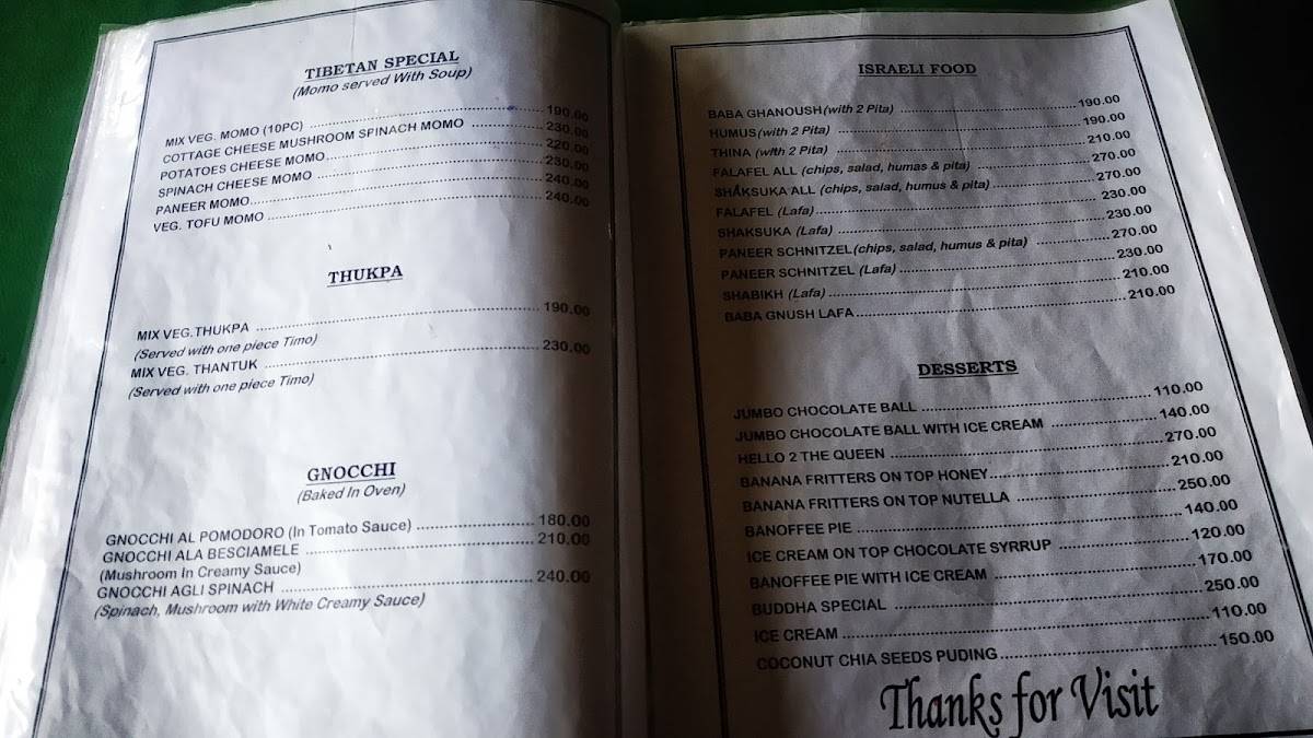Menu at Little Buddha Cafe, Rishikesh