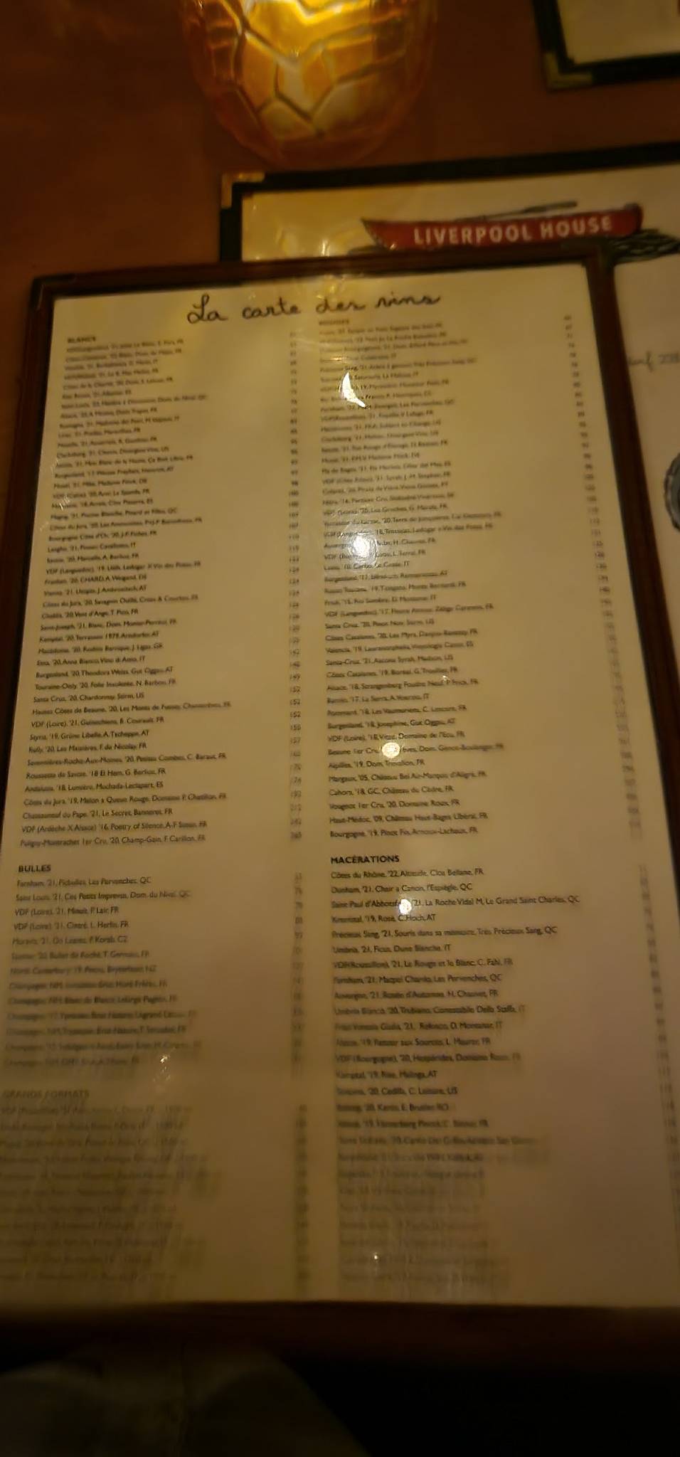 Menu au Liverpool House restaurant, Montréal