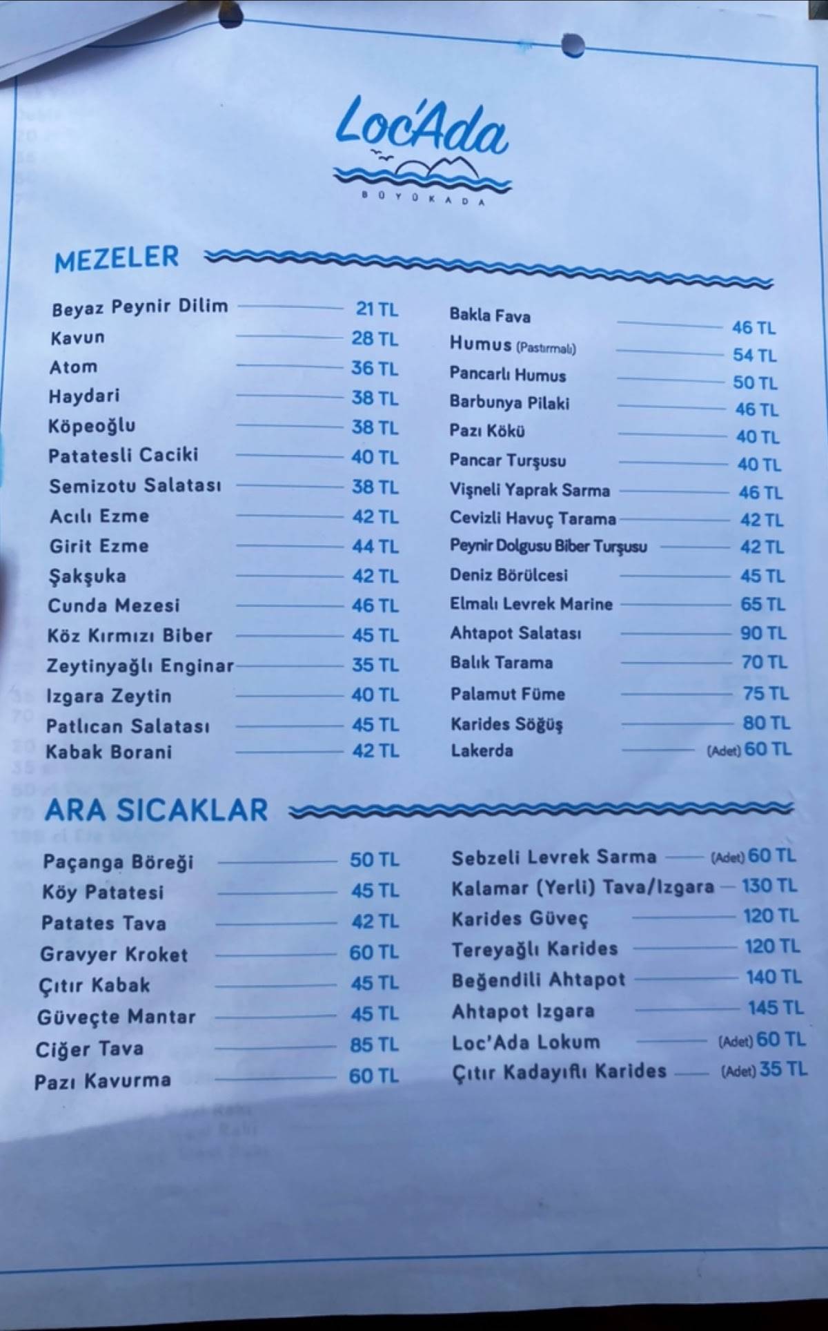Menu at Loc'ada Büyükada, Adalar