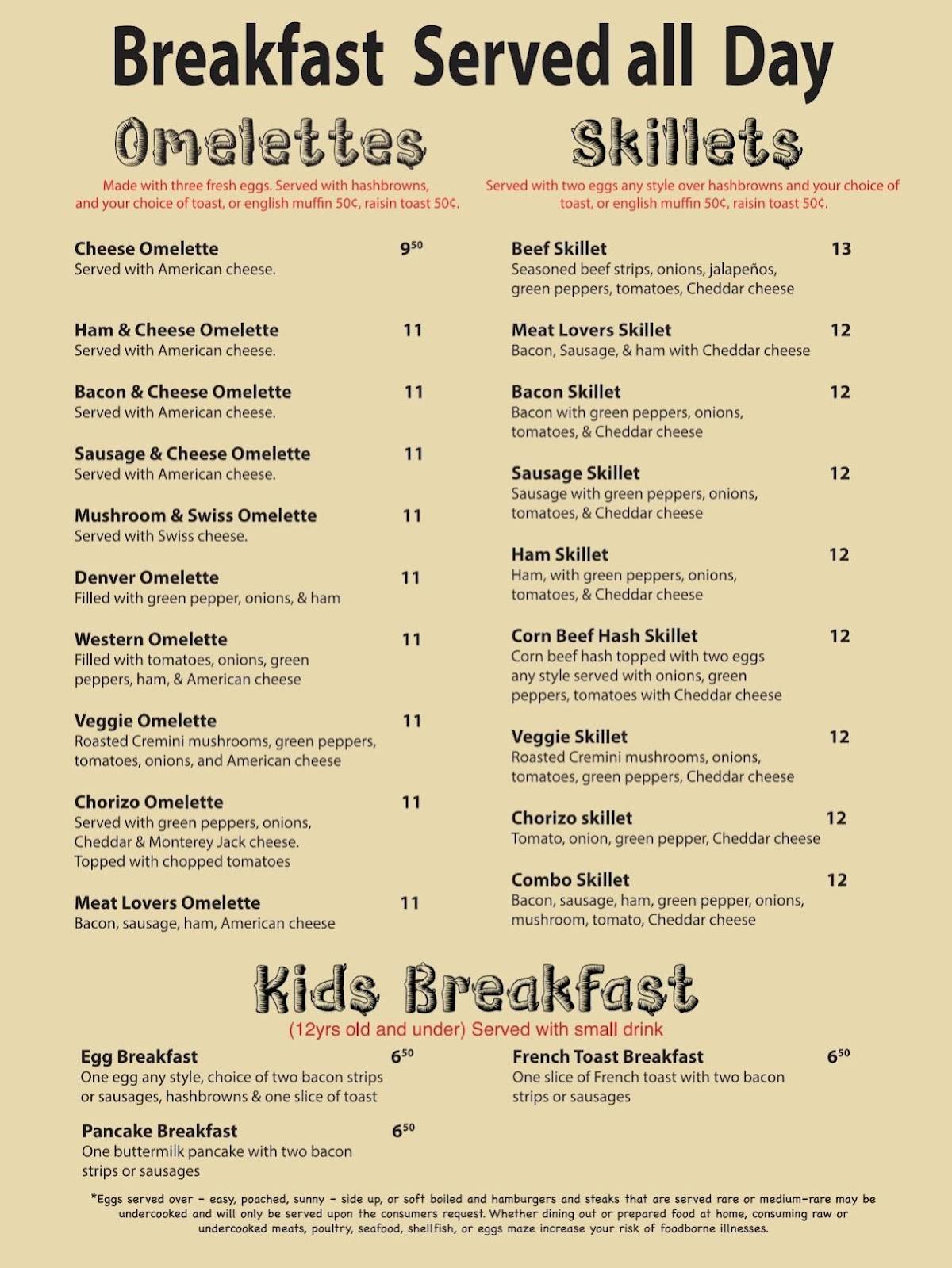 Menu at Log Cabin Inn restaurant, Howards Grove