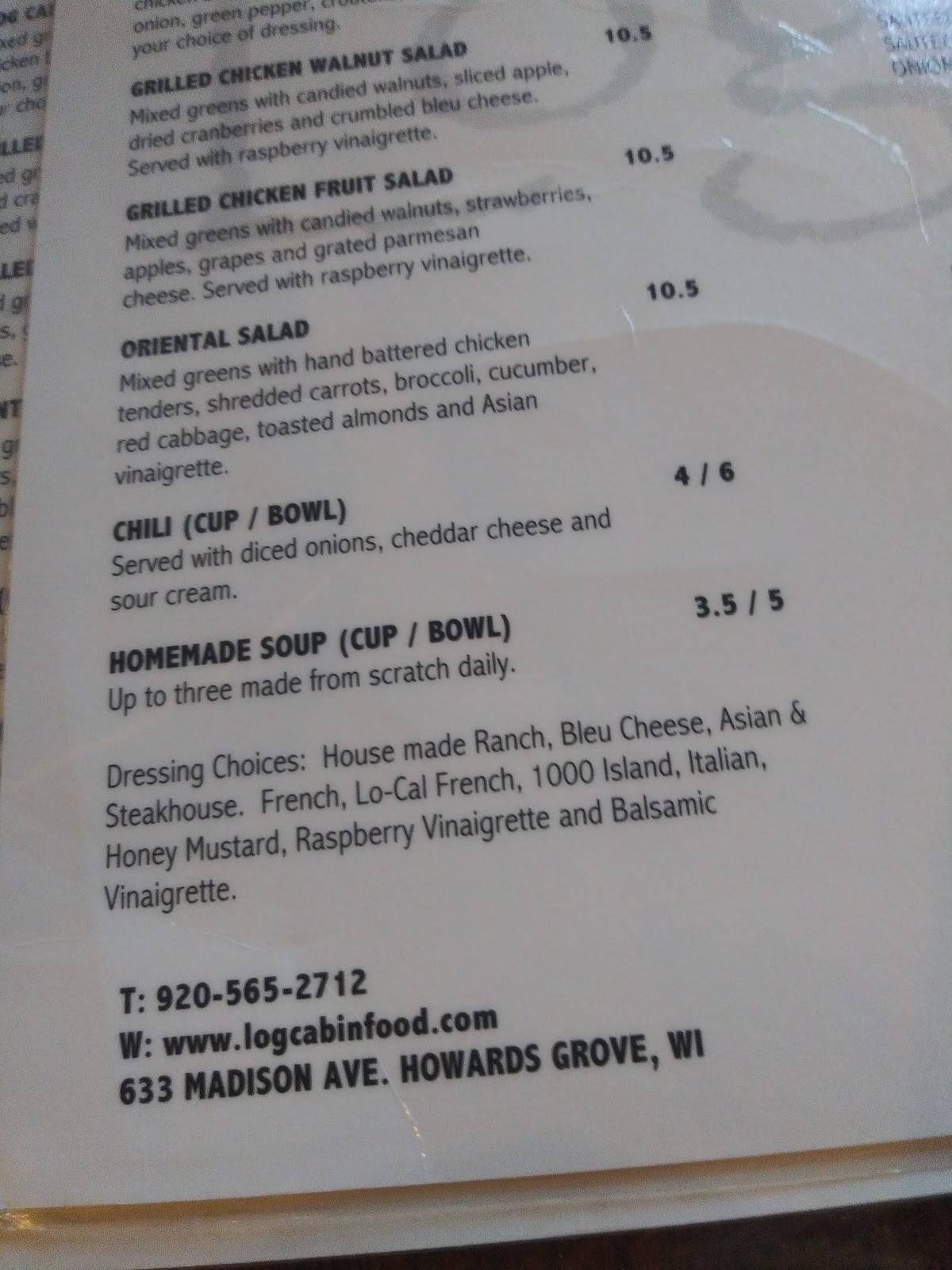 Menu at Log Cabin Inn restaurant, Howards Grove