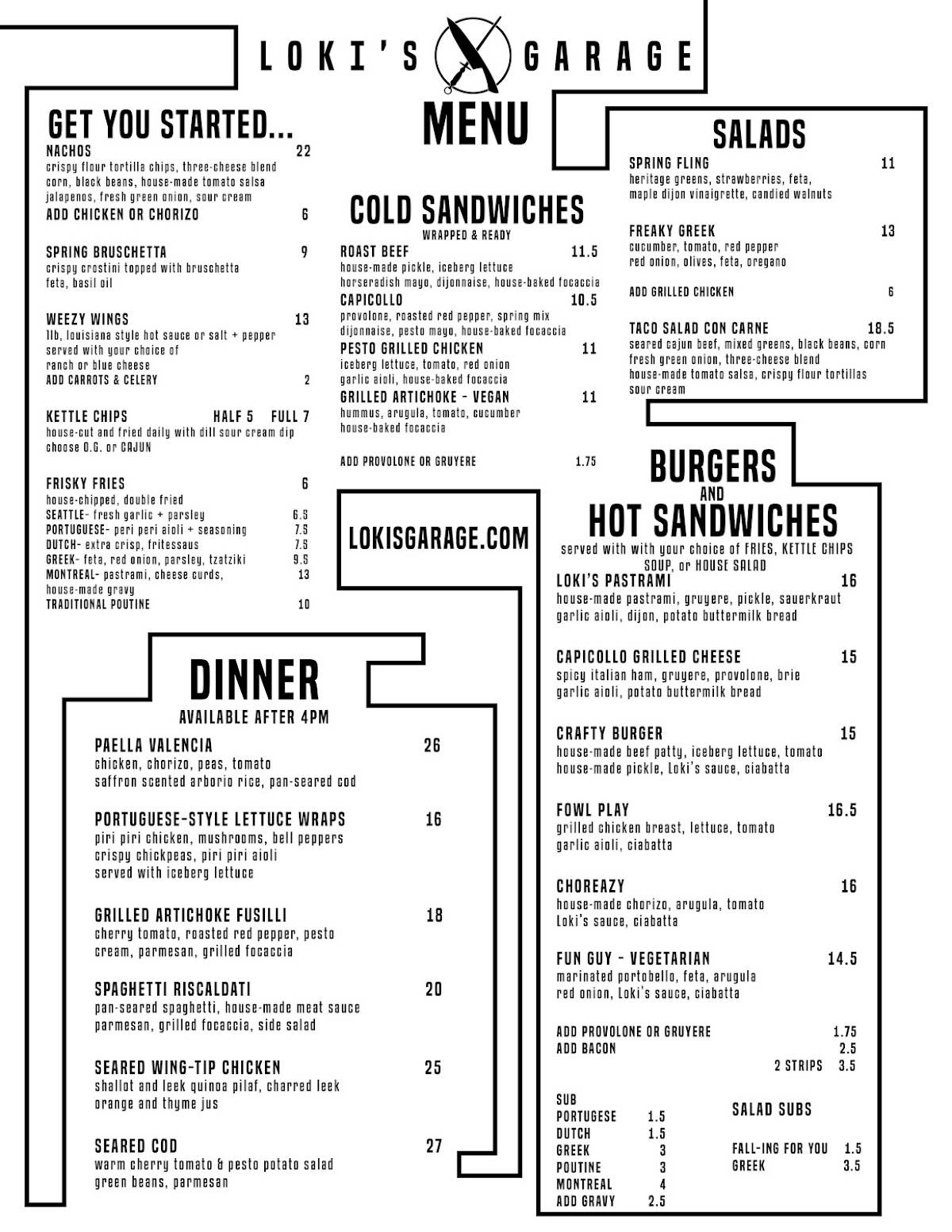 Menu at Loki's Garage restaurant, Penticton