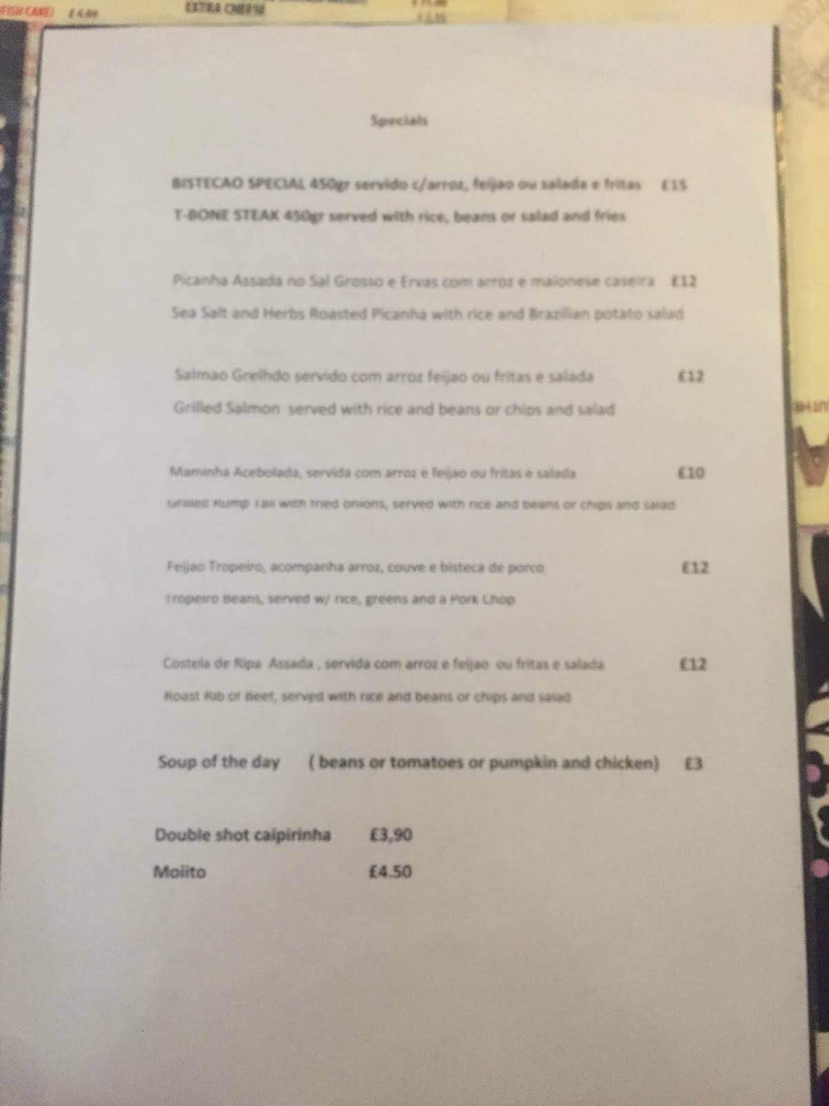 Menu at Kaipiras by Barraco, London