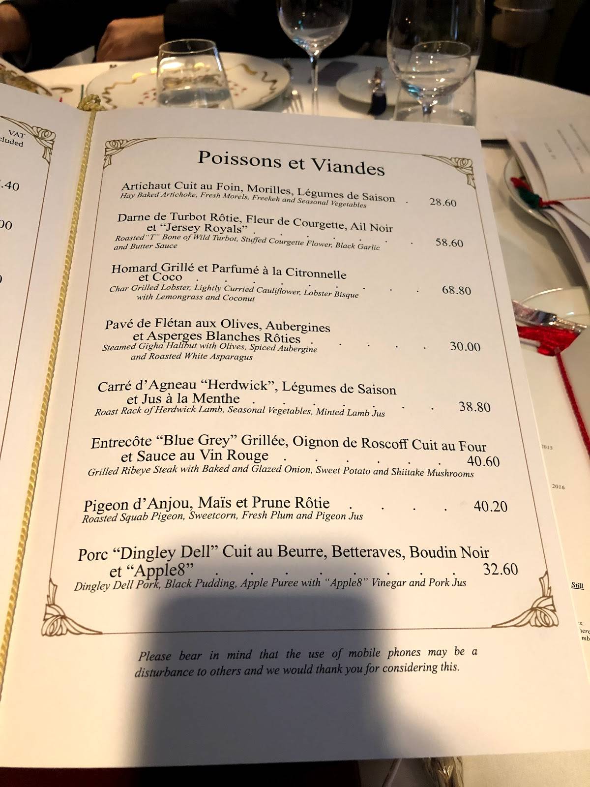 Menu at Le Gavroche restaurant, London