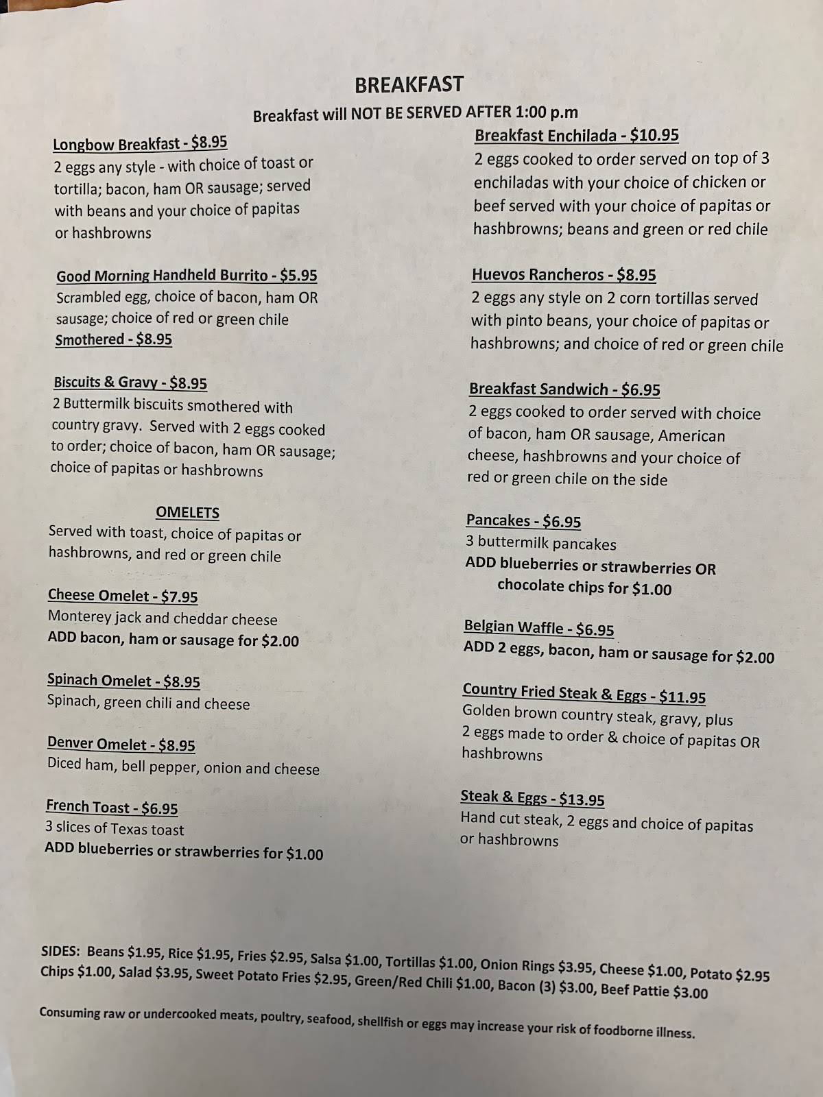 Menu at Longbow Diner restaurant, Rio Communities