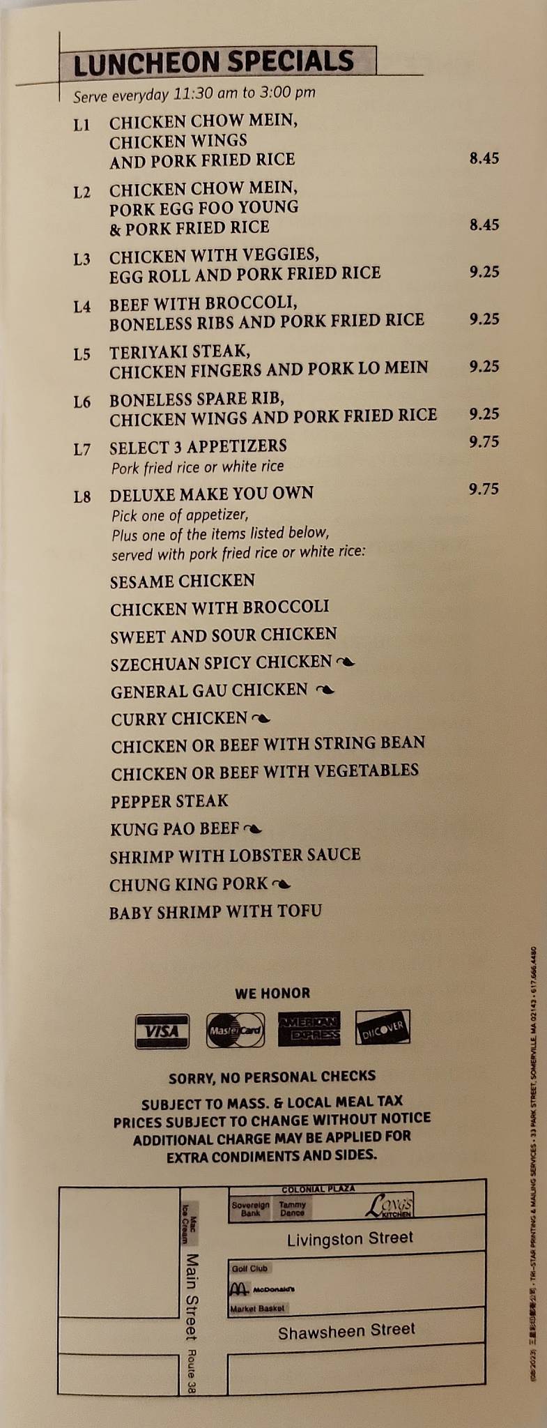 Menu at Long's Kitchen restaurant, Tewksbury