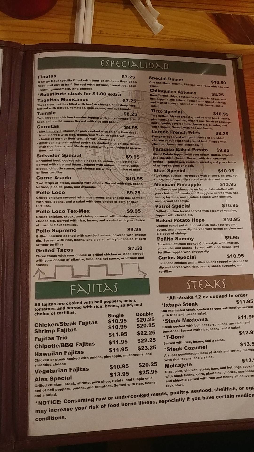 Menu at Los Guerreros restaurant, LaFayette