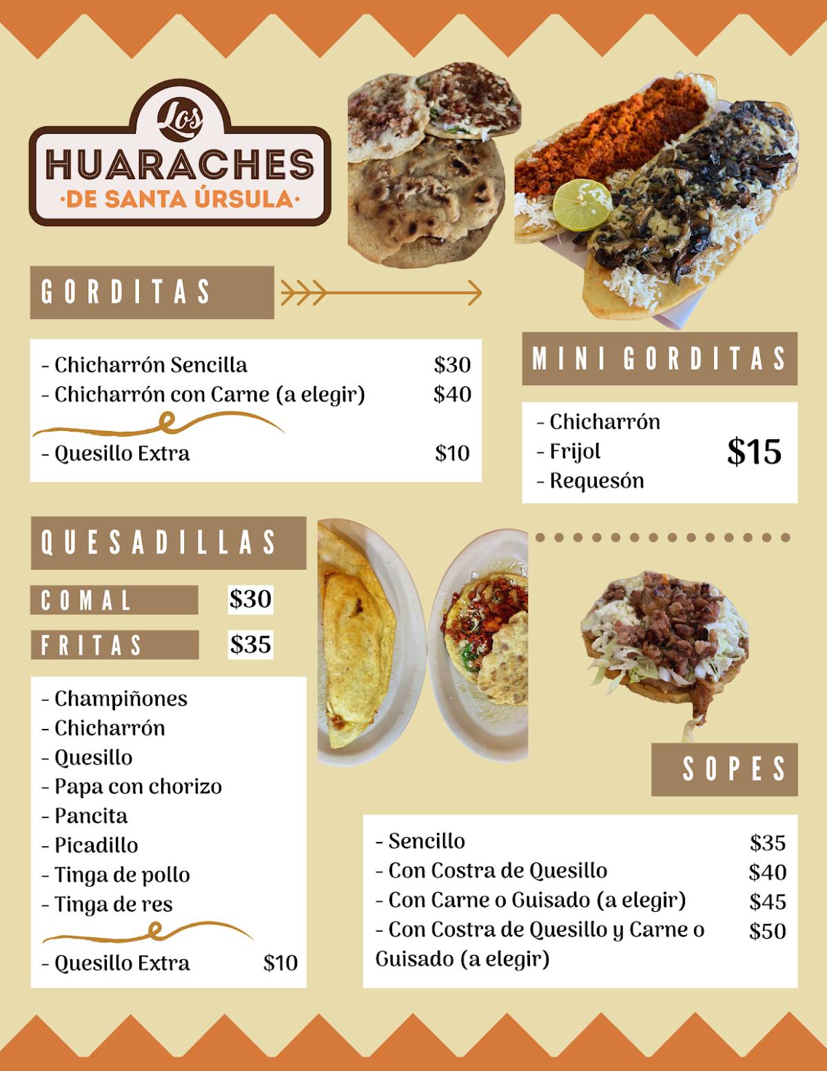 Carta del restaurante Los Huaraches De Santa Úrsula, Ciudad del México