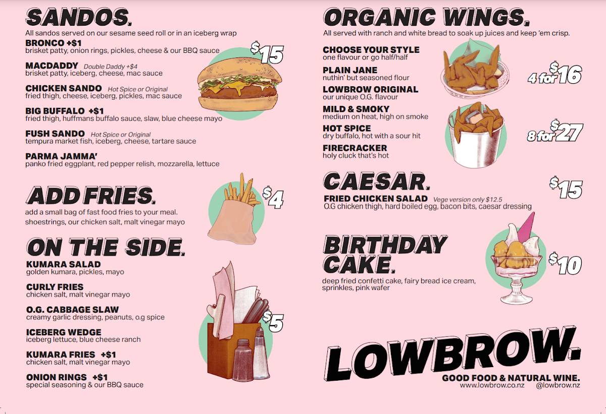 Menu at Lowbrow. Krd restaurant, Auckland, 18/183 Karangahape Rd