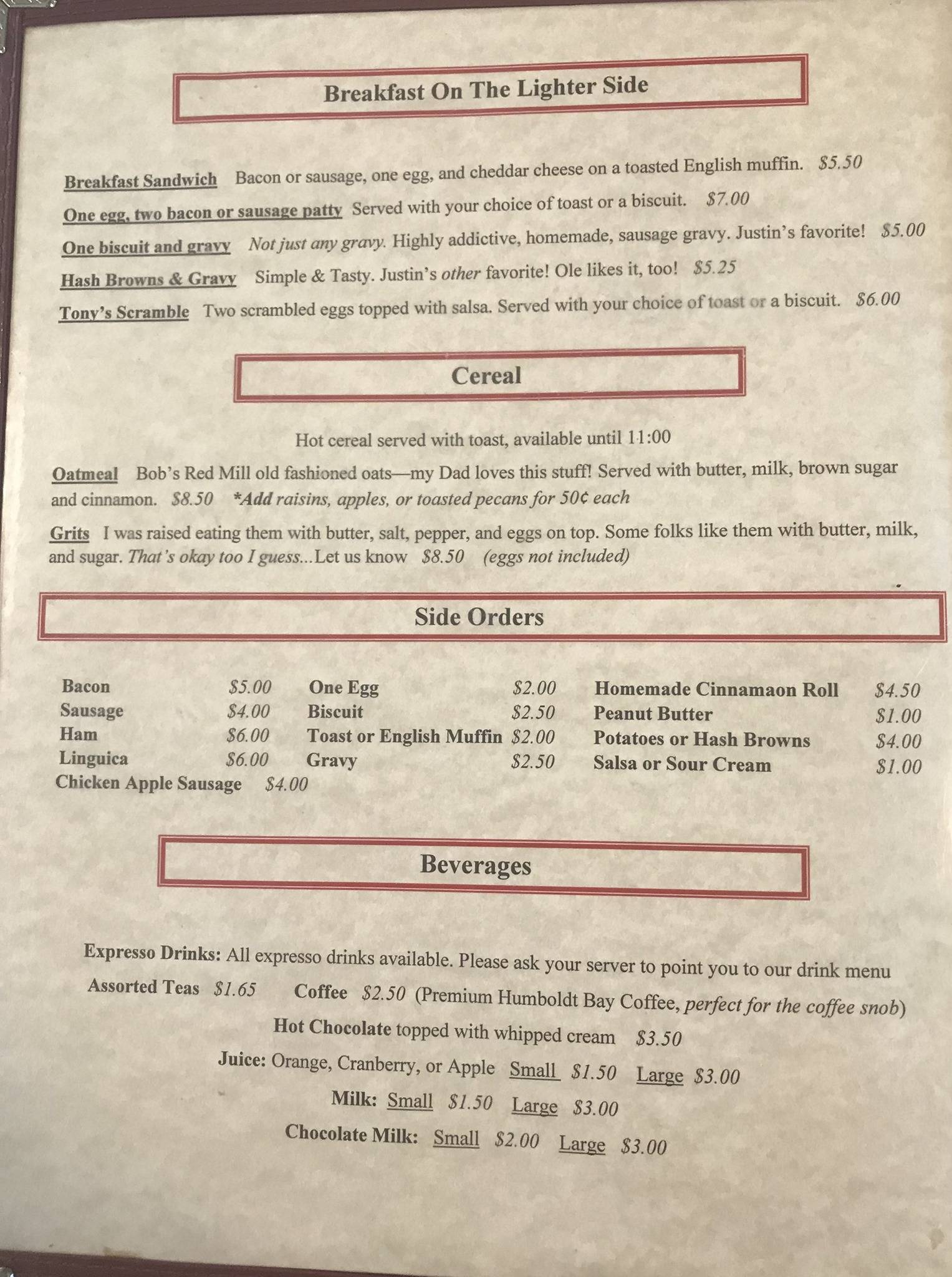 Menu at L's Kitchen cafe, Fortuna