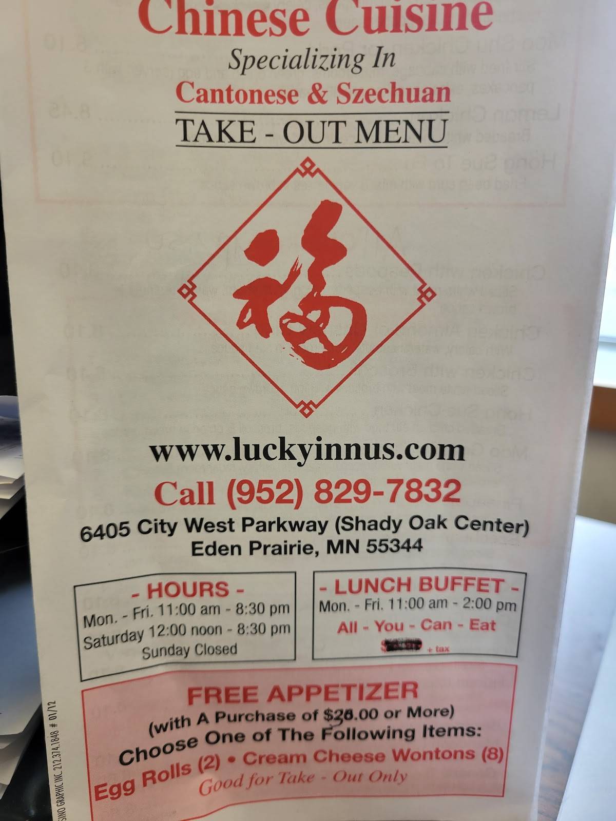Menu at Lucky Inn Chinese Cuisine restaurant, Eden Prairie
