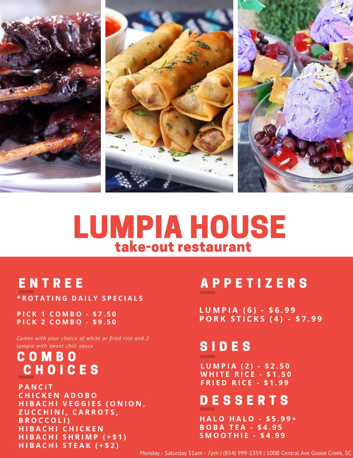 Menu at Lumpia House restaurant, Goose Creek