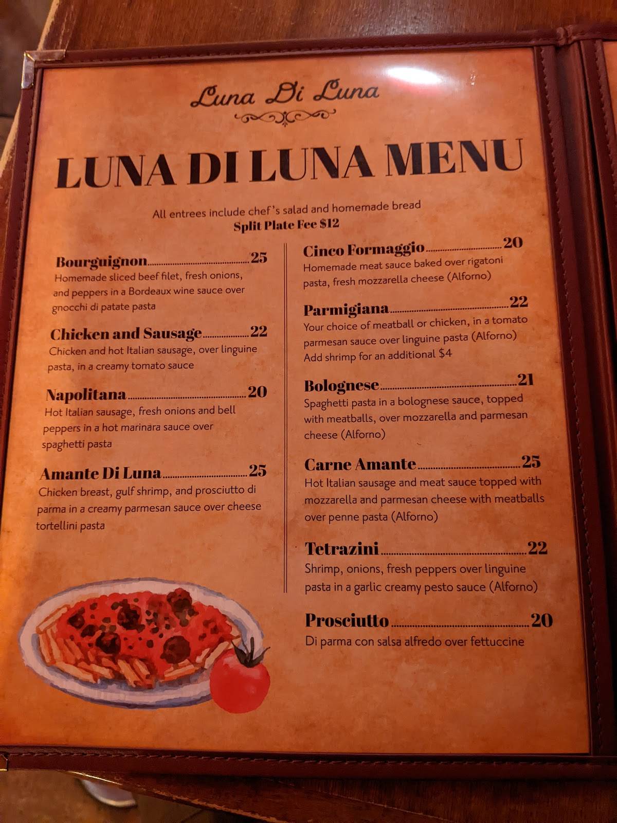 Menu at Luna Di Luna restaurant, Bloomington