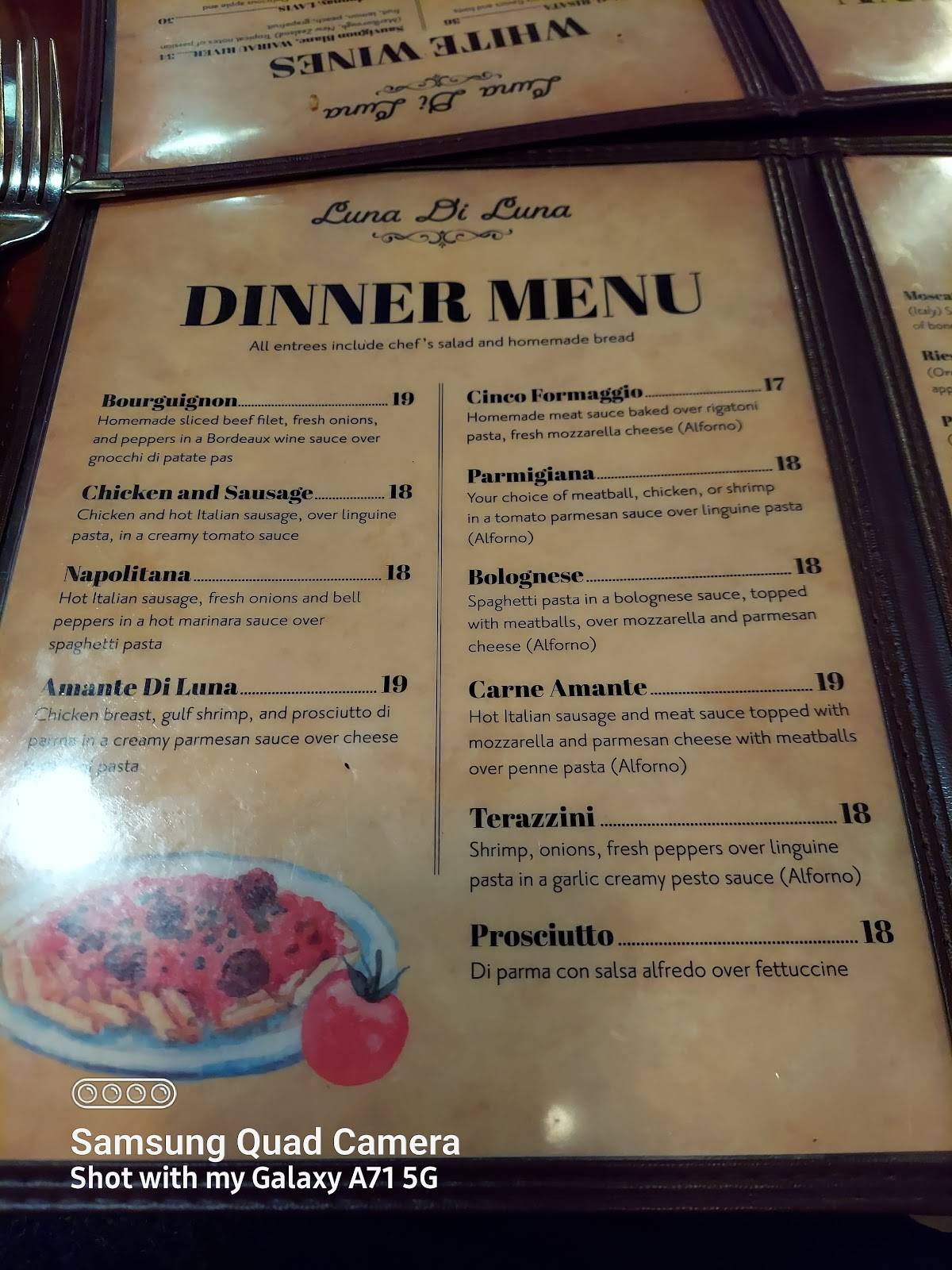 Menu at Luna Di Luna restaurant, Bloomington