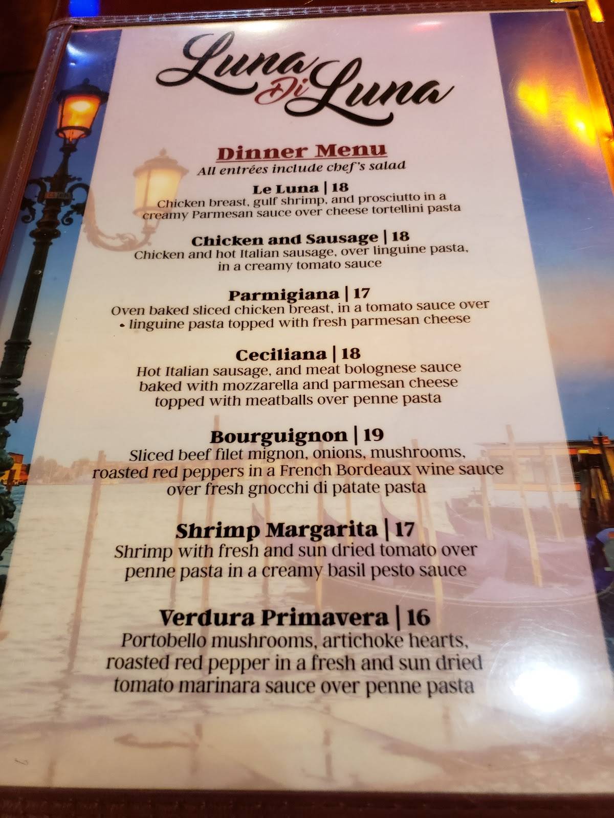 Menu at Luna Di Luna restaurant, Bloomington