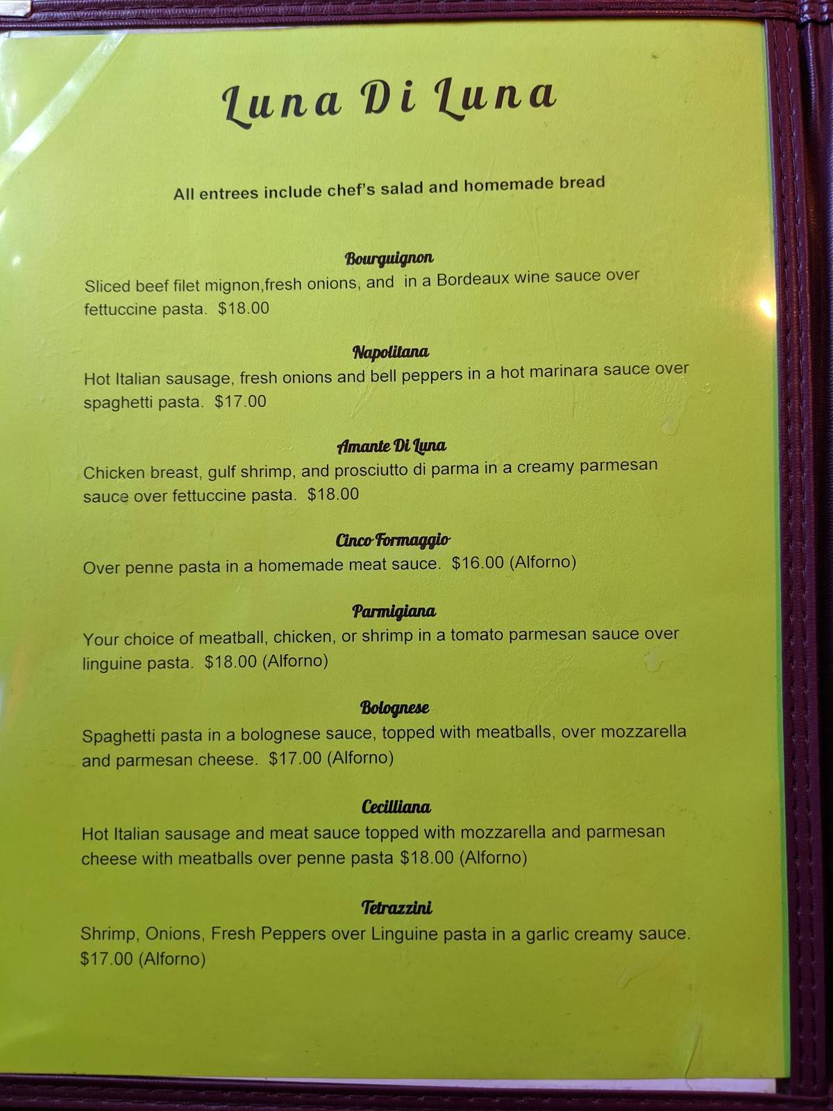 Menu at Luna Di Luna restaurant, Bloomington
