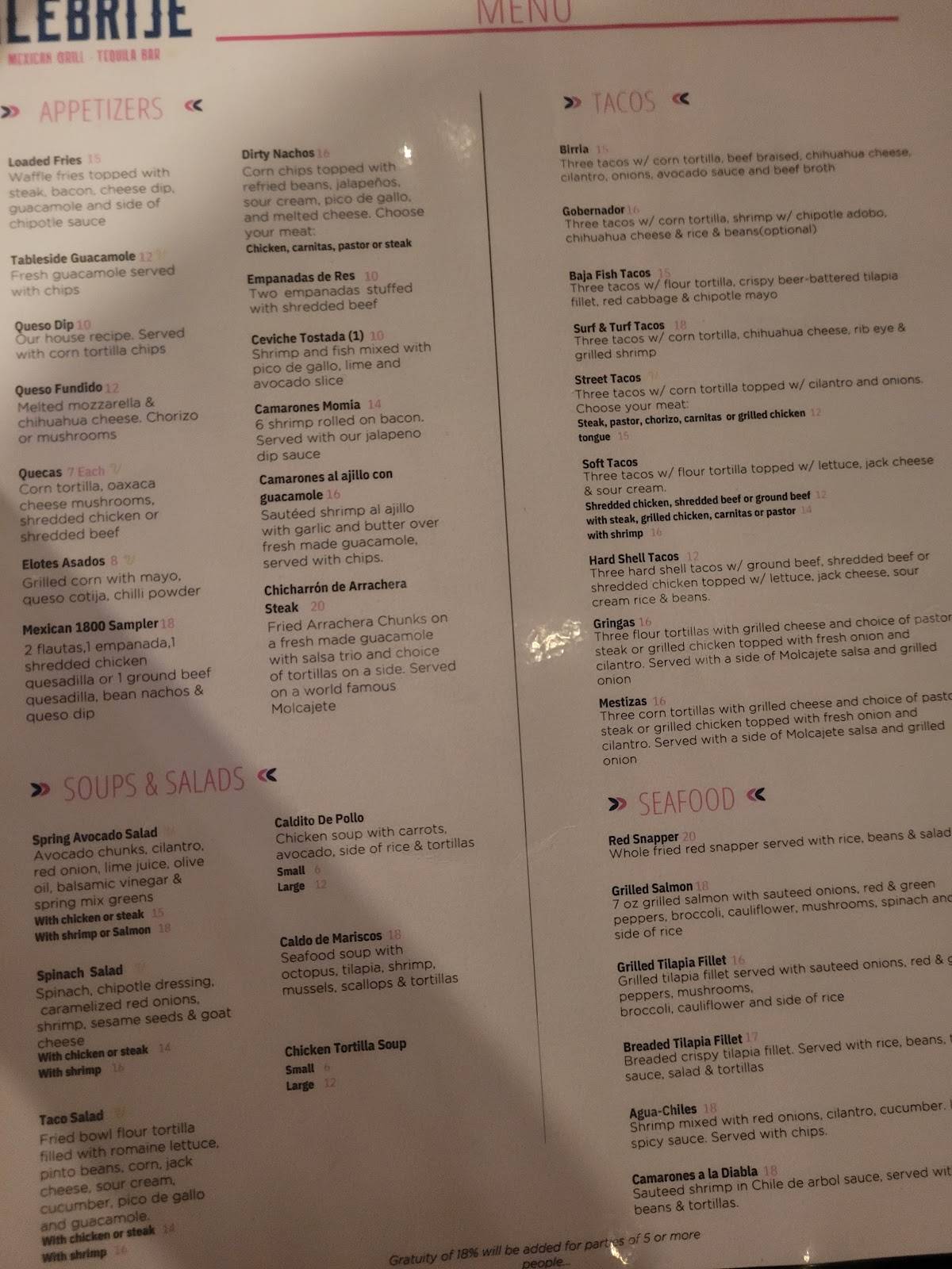 Menu at MÉXICO 1800 Traditional Kitchen & Tequila Bar (Formerly ...