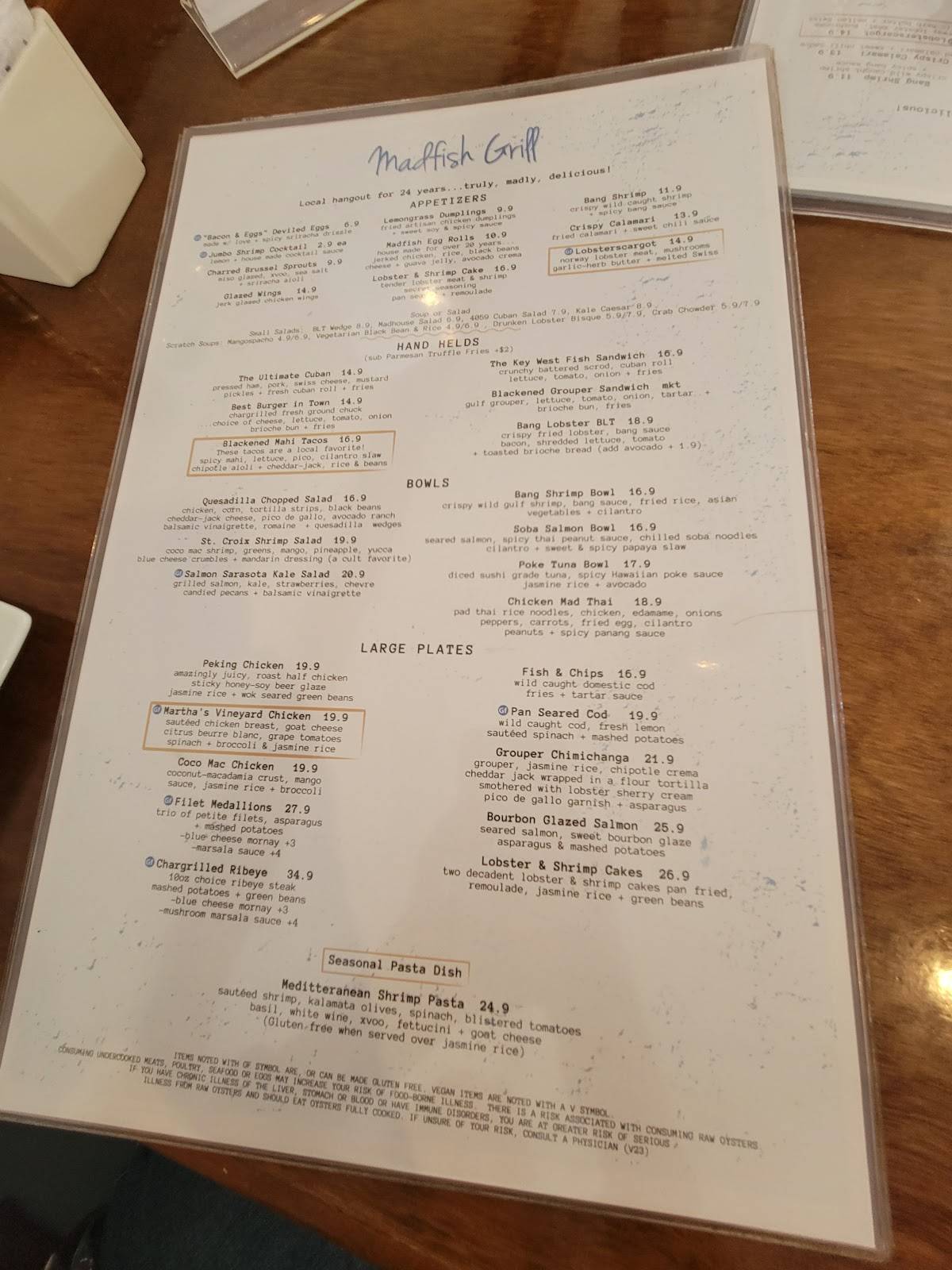 Menu at Madfish Grill pub & bar, Sarasota