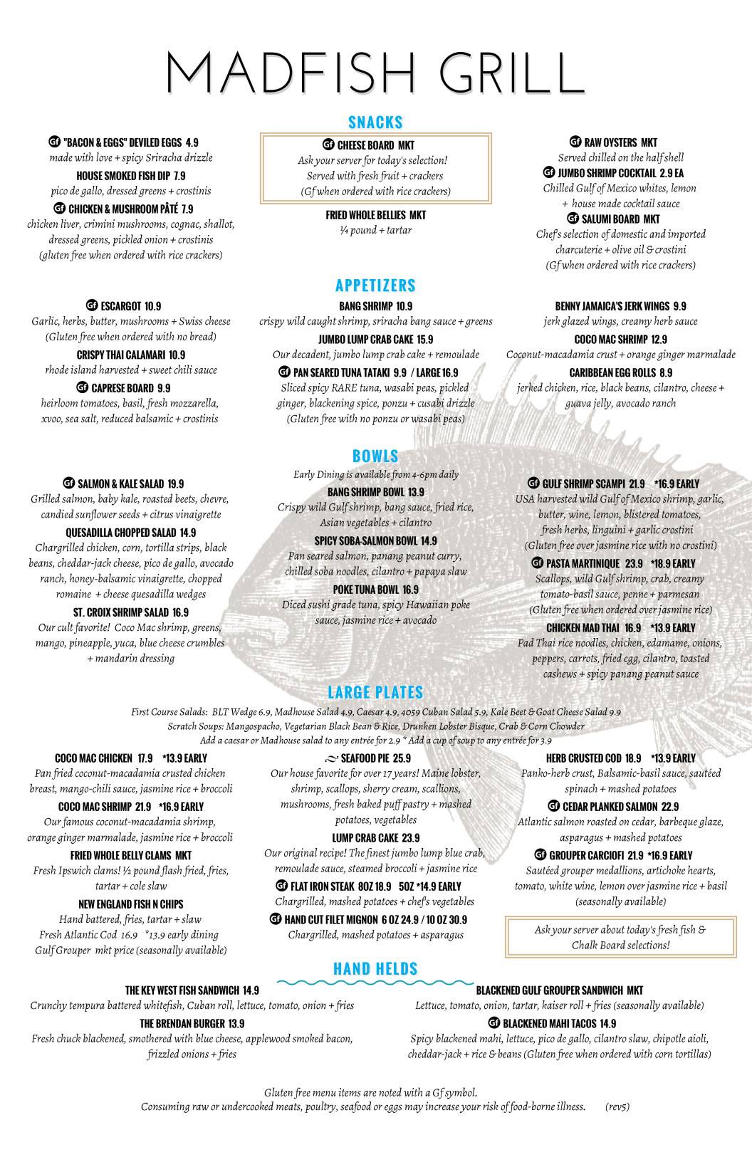 Menu at Madfish Grill pub & bar, Sarasota