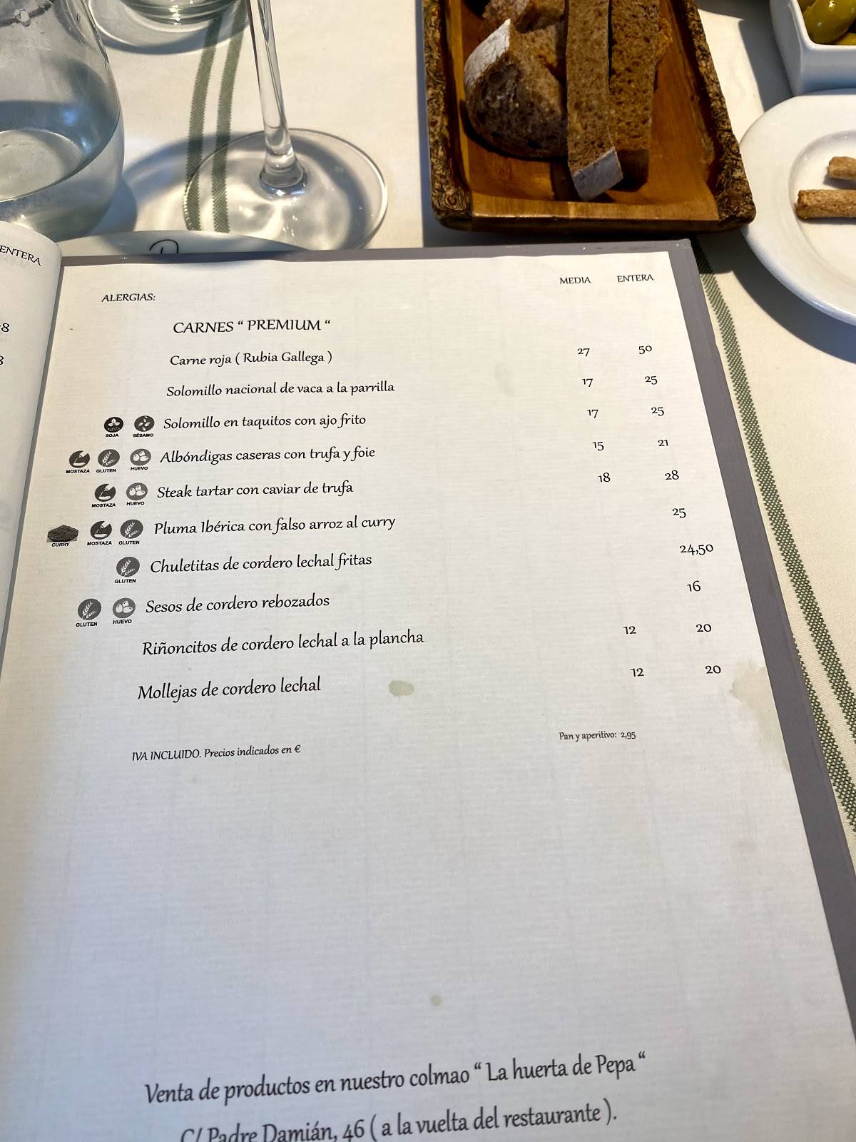 Carta del restaurante El Qüenco del Pepa, Madrid, C. del Henri Dunant