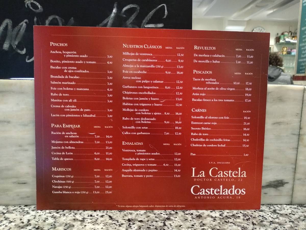 Carta del restaurante La Castela, Madrid
