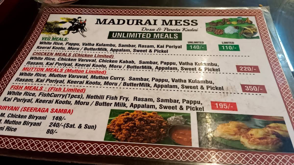 Menu at Madurai mess -Dosa & Parotta Kadai, Bengaluru