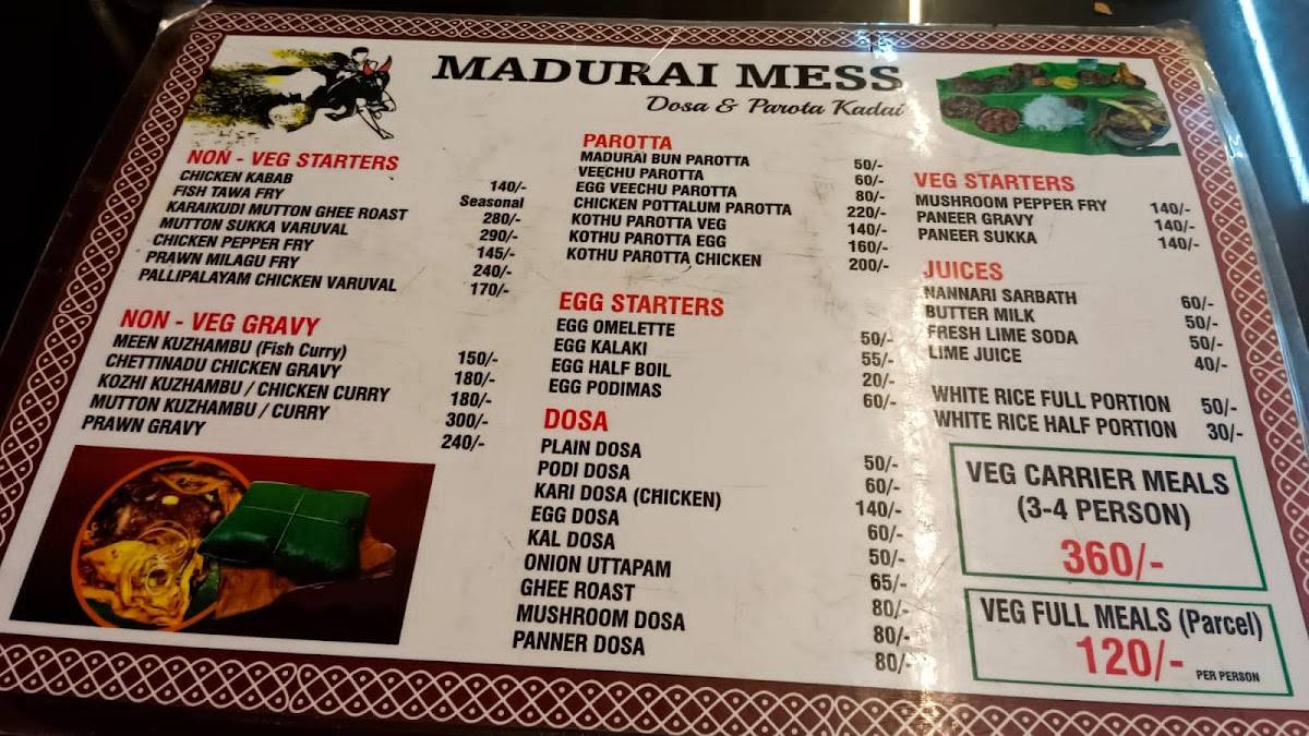 Menu at Madurai mess -Dosa & Parotta Kadai, Bengaluru