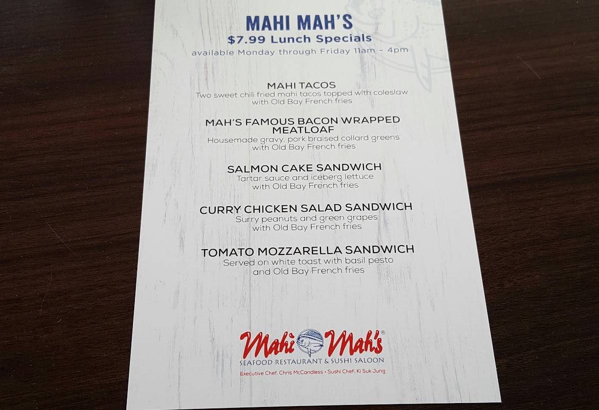 Menu at Mahi's restaurant, Virginia Beach