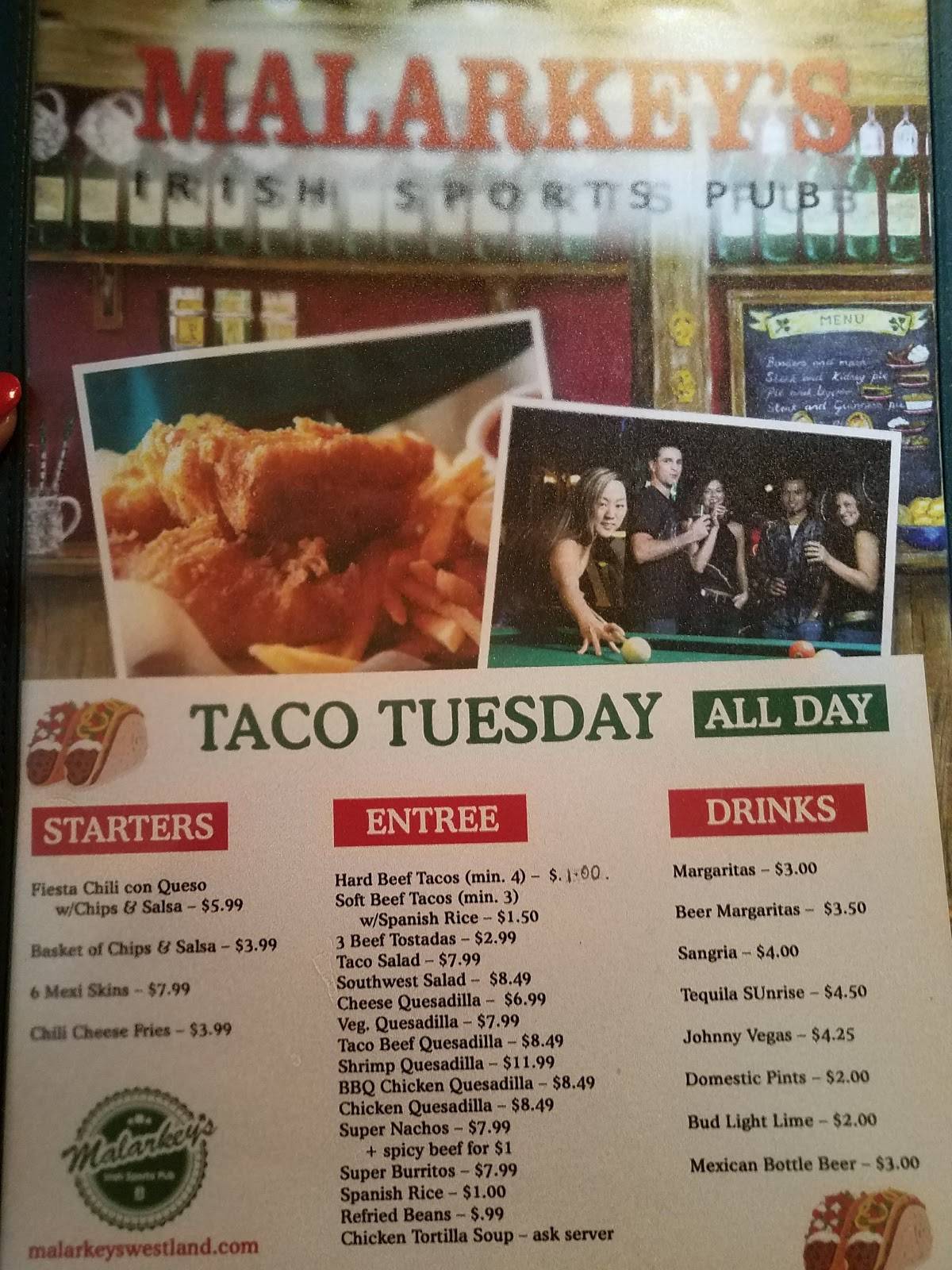 Menu at Malarkey's Irish Pub, Westland