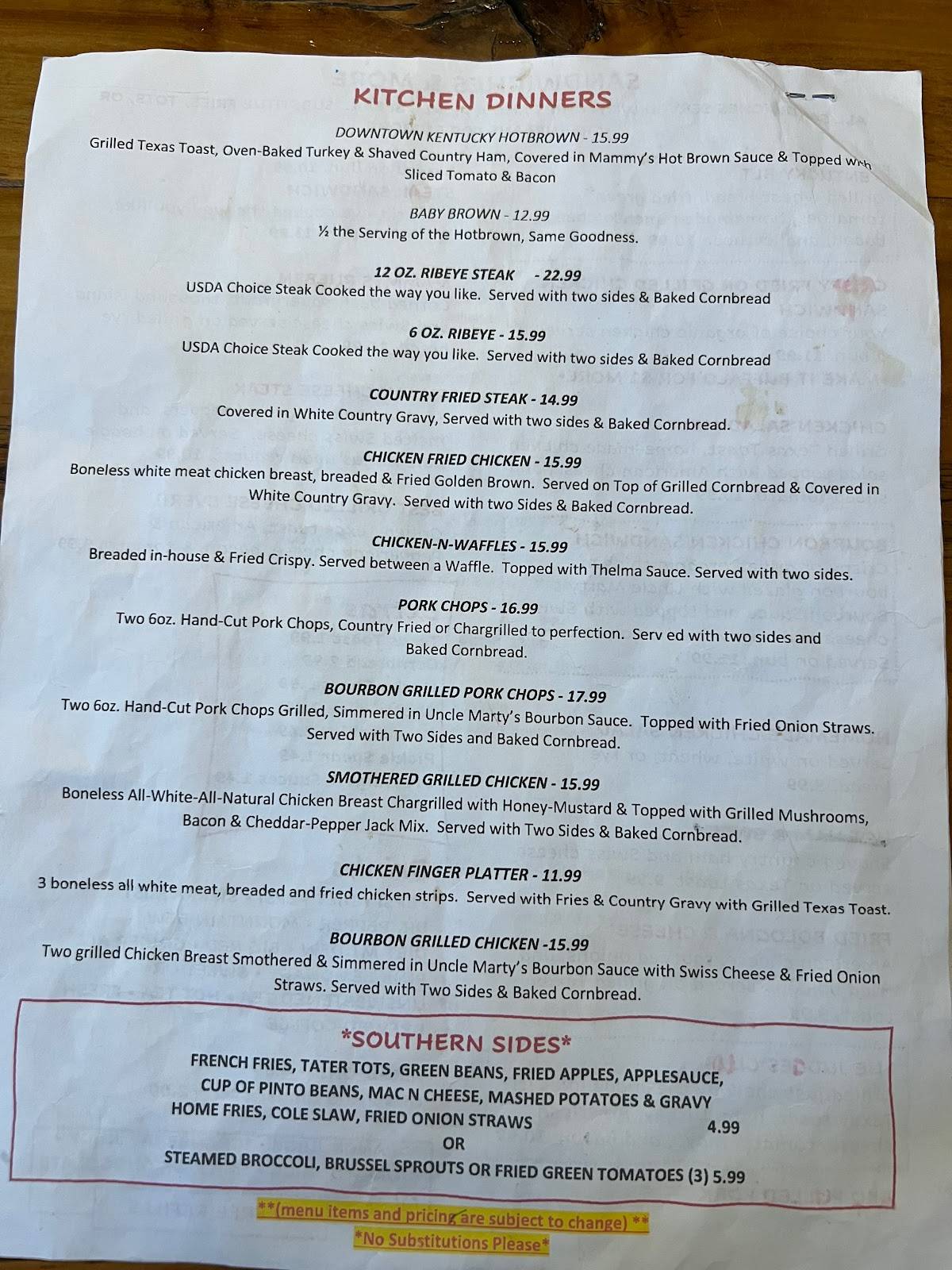 Menu at Mammy's Kitchen & Bar, Bardstown