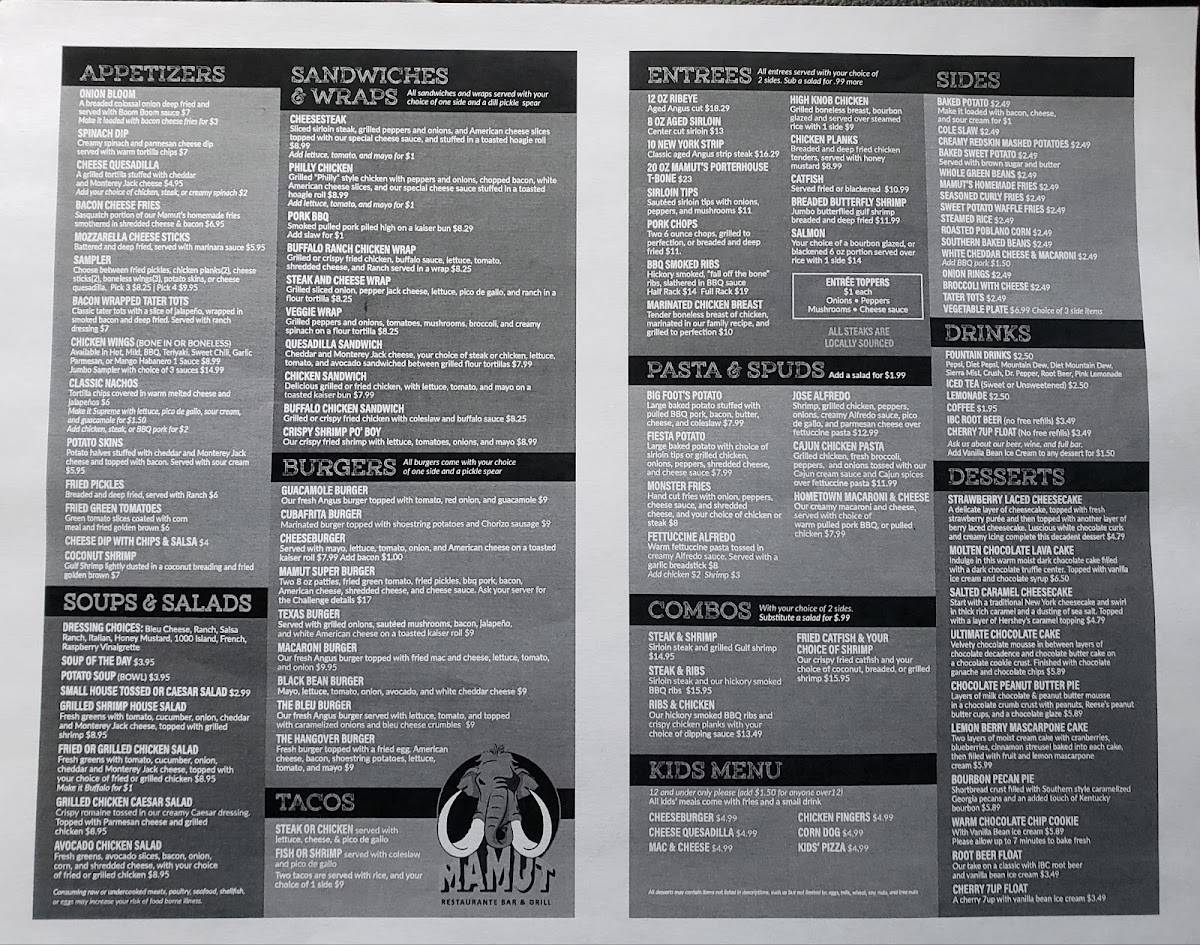 Menu at Mamut Bar N' Grill, Mount Sterling