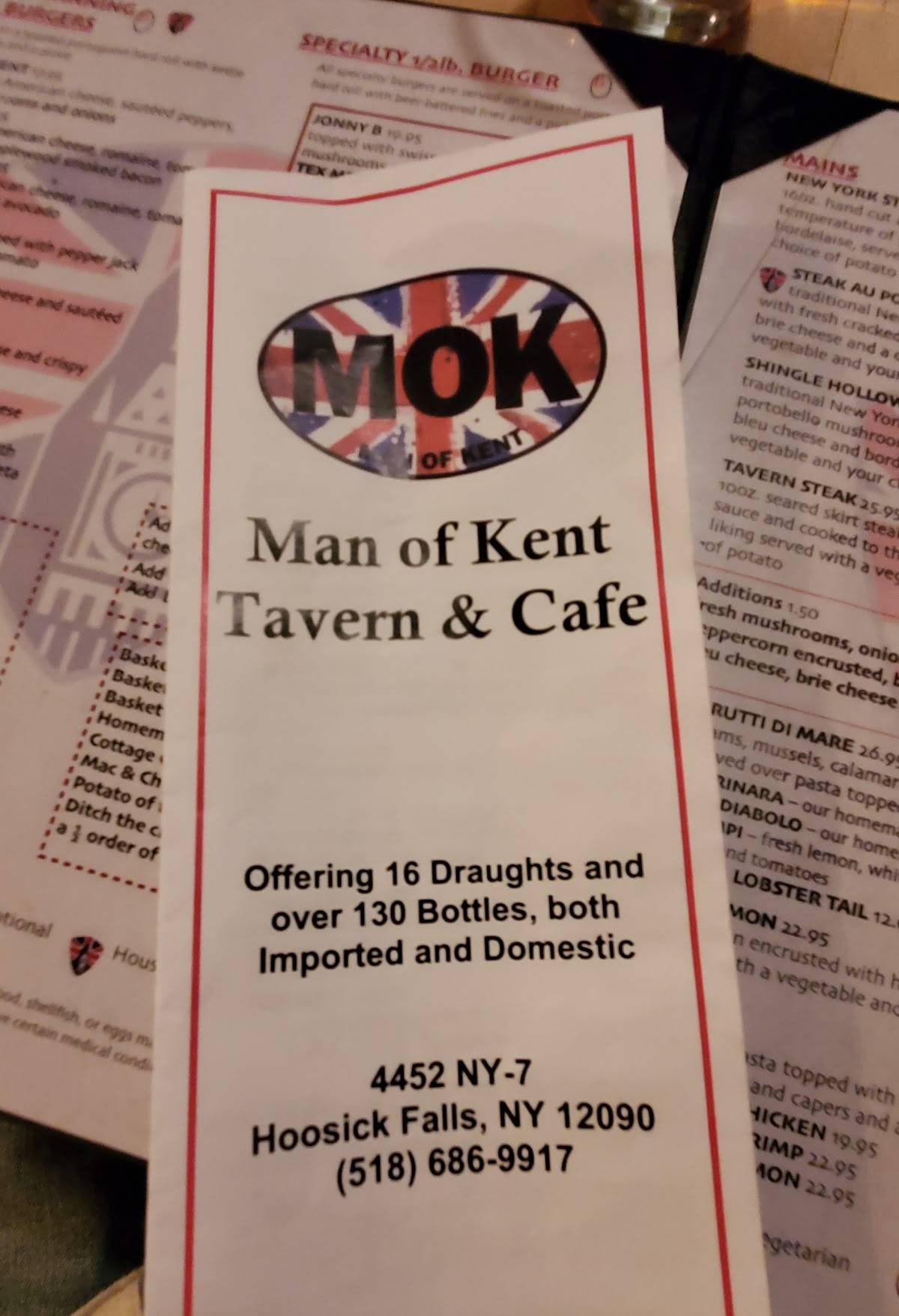 Menu at Man of Kent Tavern pub & bar, Hoosick