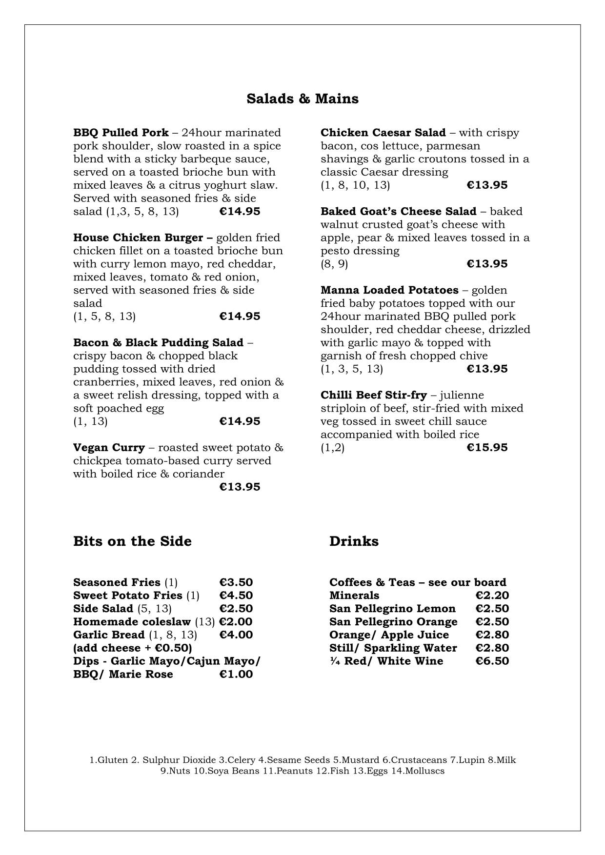 Menu at Manna Cafe & Bistro, Killarney