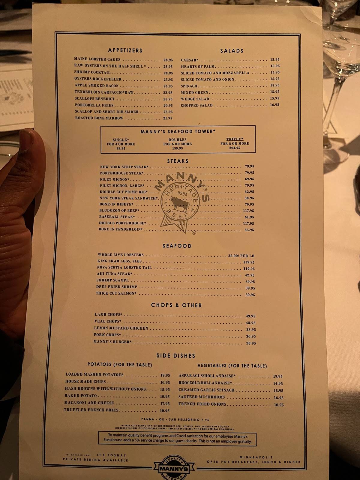 Menu at Manny's Steakhouse, Minneapolis, 825 S Marquette Ave