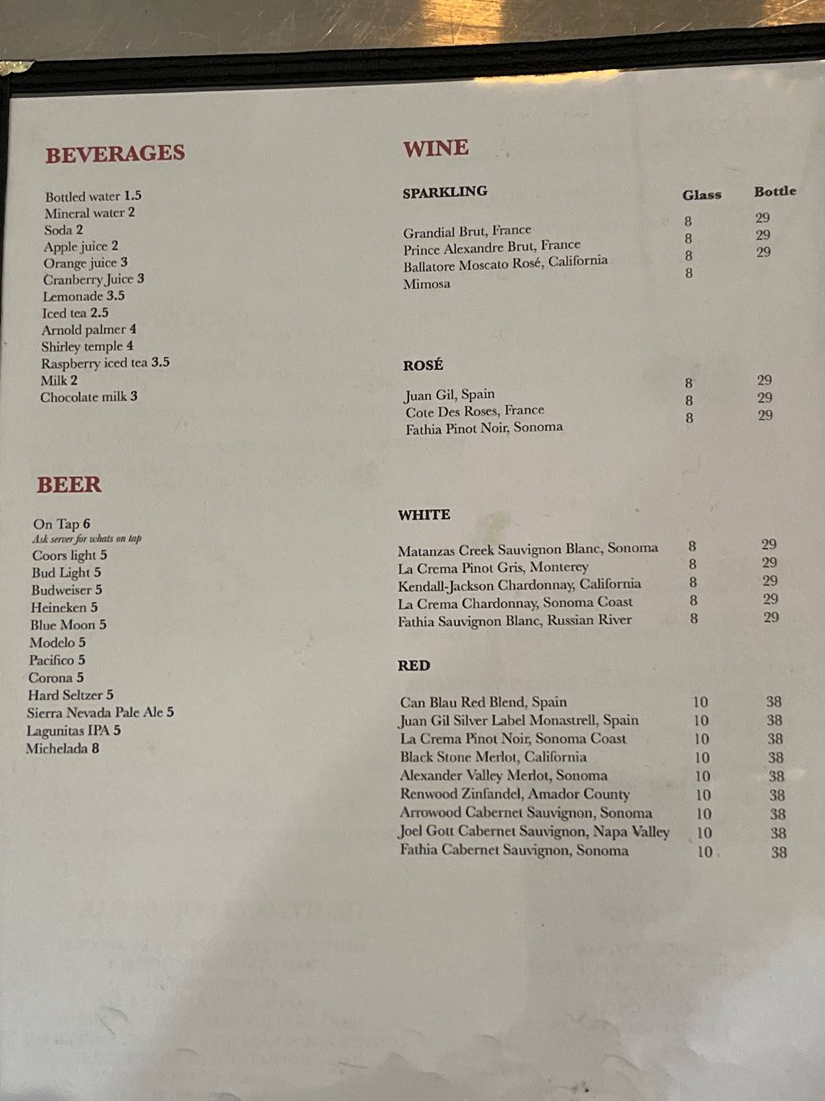 Menu at Manny's Steakhouse, Vallejo