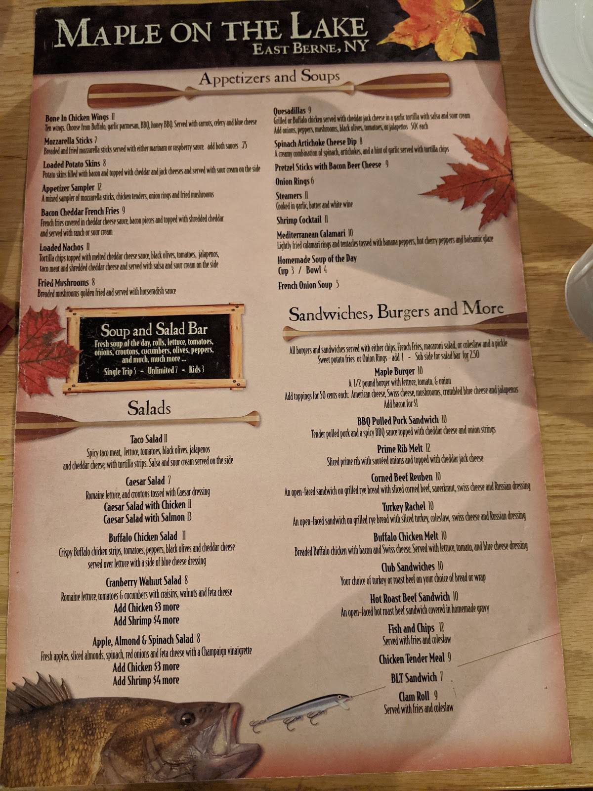 Menu at Maple On the Lake restaurant, East Berne