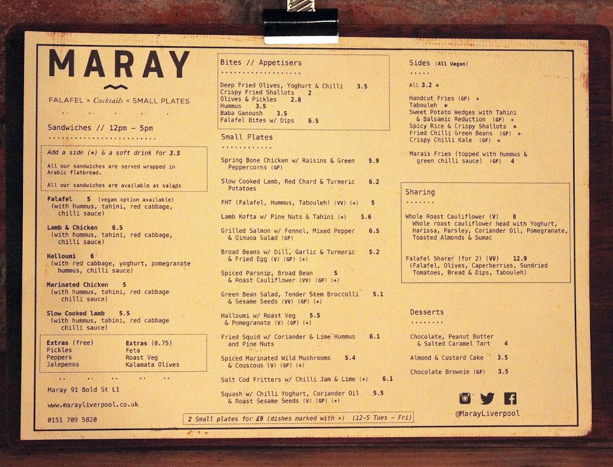 Menu at Maray Bold Street pub & bar, Liverpool, 91 Bold St