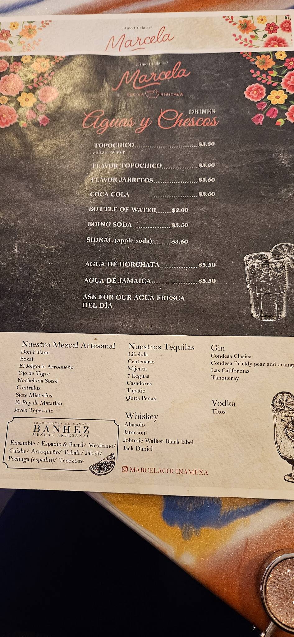 Carta del restaurante Marcela Cocina Mexicana, Nueva York